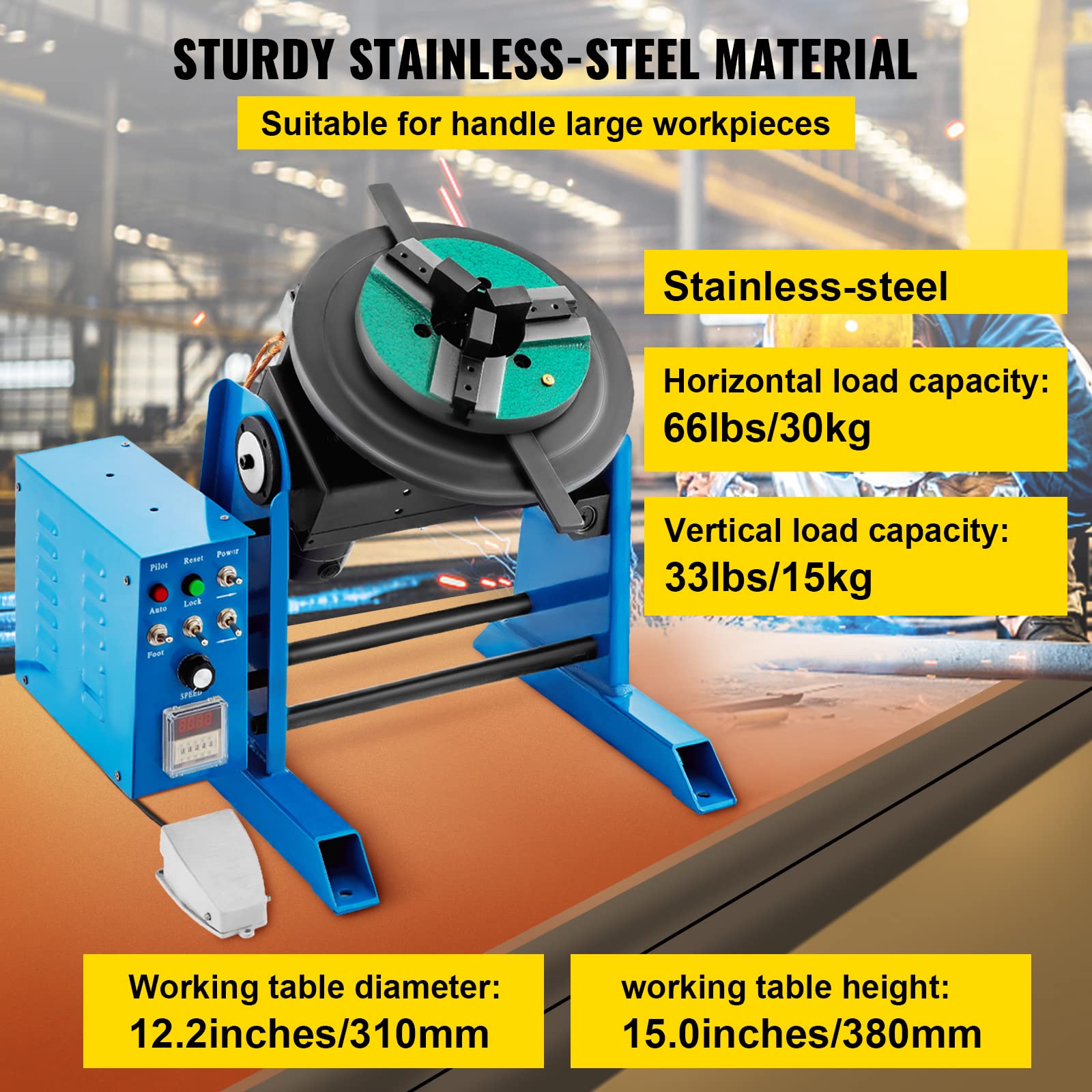 VEVOR Rotary Welding Positioner 30KG Welder Turntable Table 0-90º Positioning Turntable 1-15 RPM Welder Positioning Machine w/ 310mm 3-Jaw Lathe Chuck 110V for Cutting, Grinding, Assembly and Testing