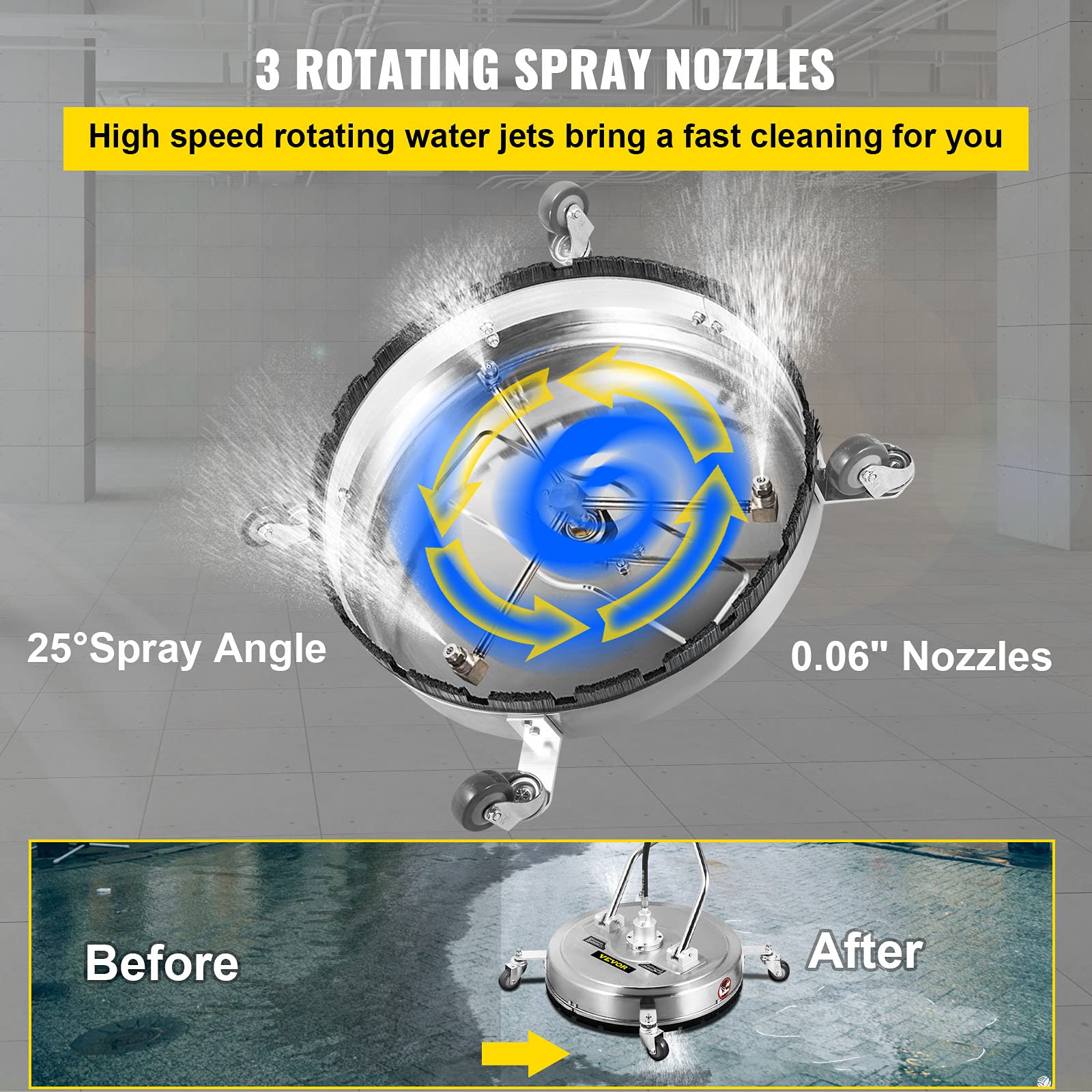 VEVOR 24" Surface Cleaner, 4000PSI Max. Pressure Flat Surface Cleaner, Stainless Steel Rotating Surface Cleaner, Pressure Washer Surface Cleaner w/ 3 Nozzles, Fit for 3/8" Quick Connector, for Patio