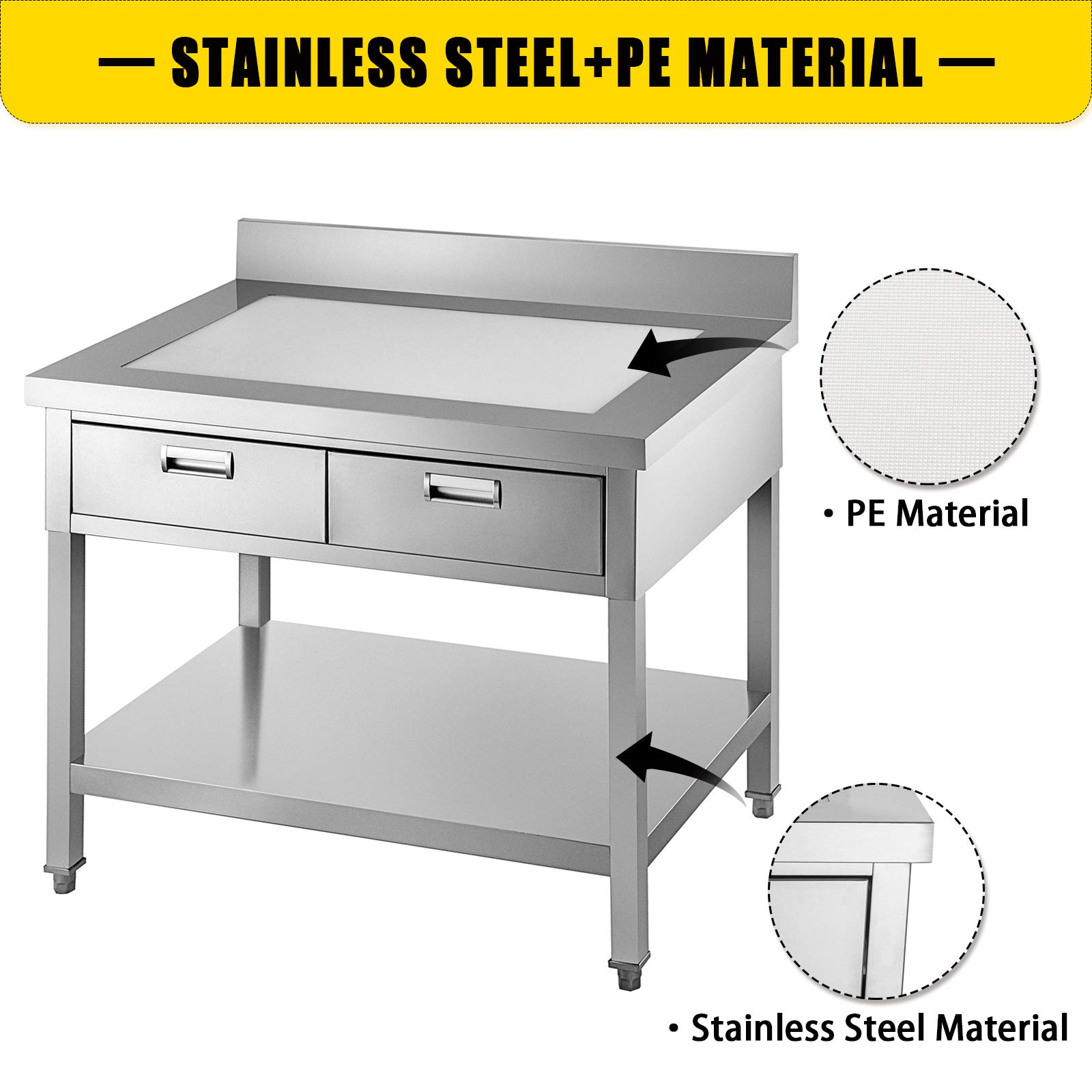 VEVOR Stainless Steel Work Table 24 x 48 in Commercial Food Prep Worktable with 2 Drawers, Undershelf and Backsplash, 992 lbs Load Stainless Steel Kitchen Island for Restaurant, Home and Hotel