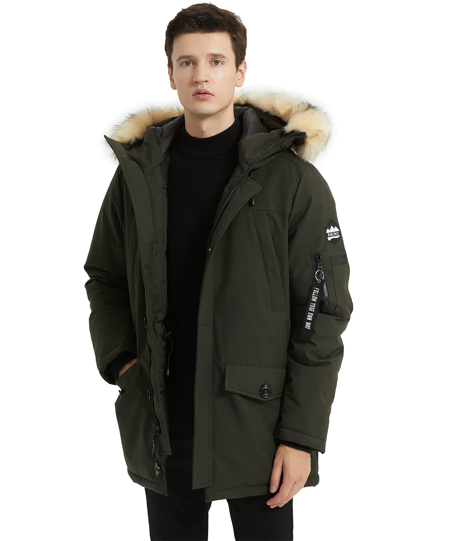 PUREMSX Winter Parka for Men, Warm Thick Fur Hooded Long Padded Puffer Coat Spring Ski Travel Jacket Gift,Khaki,Large