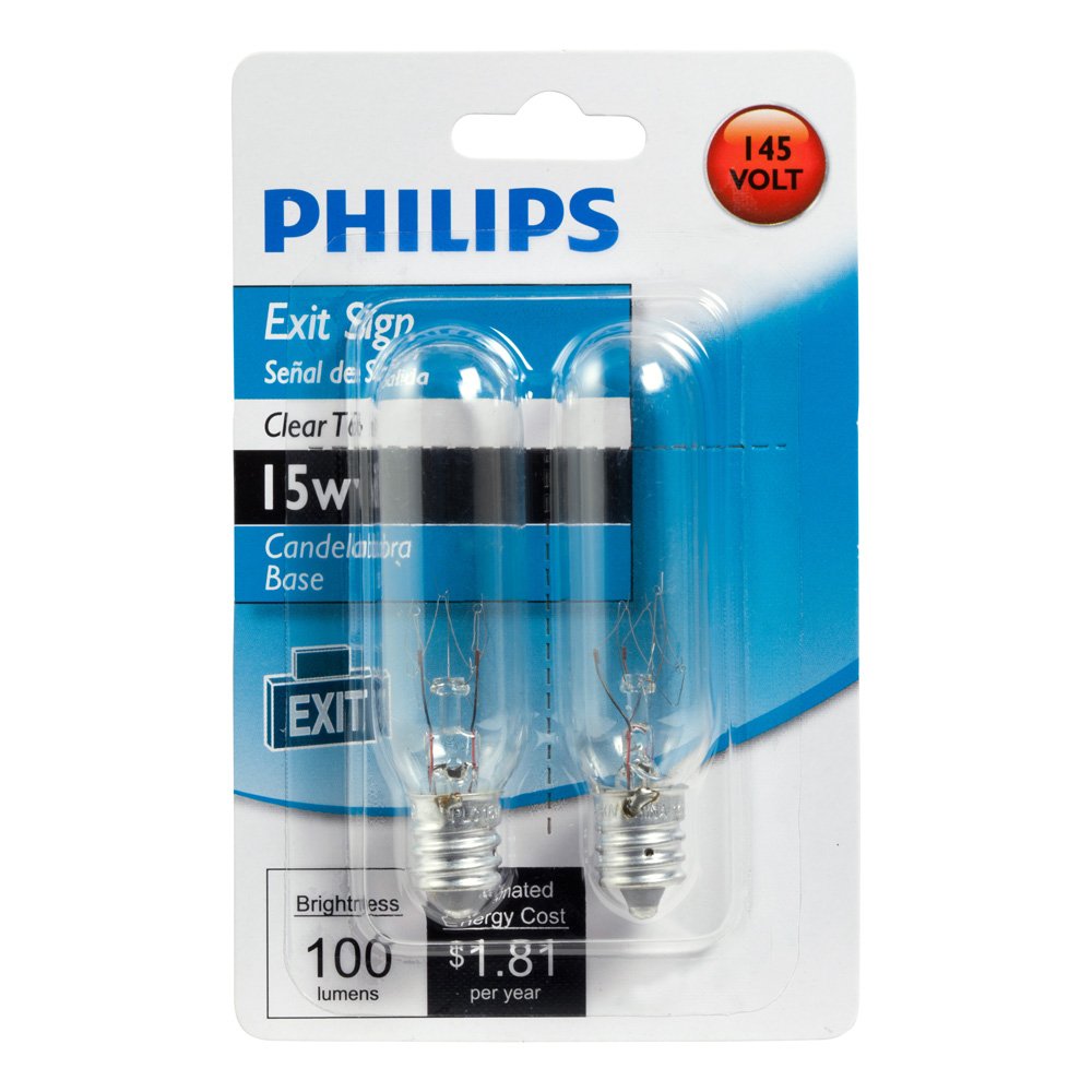 Philips 416107 Exit Sign 15-Watt T6 Candelabra Base Light Bulb, 2-Pack
