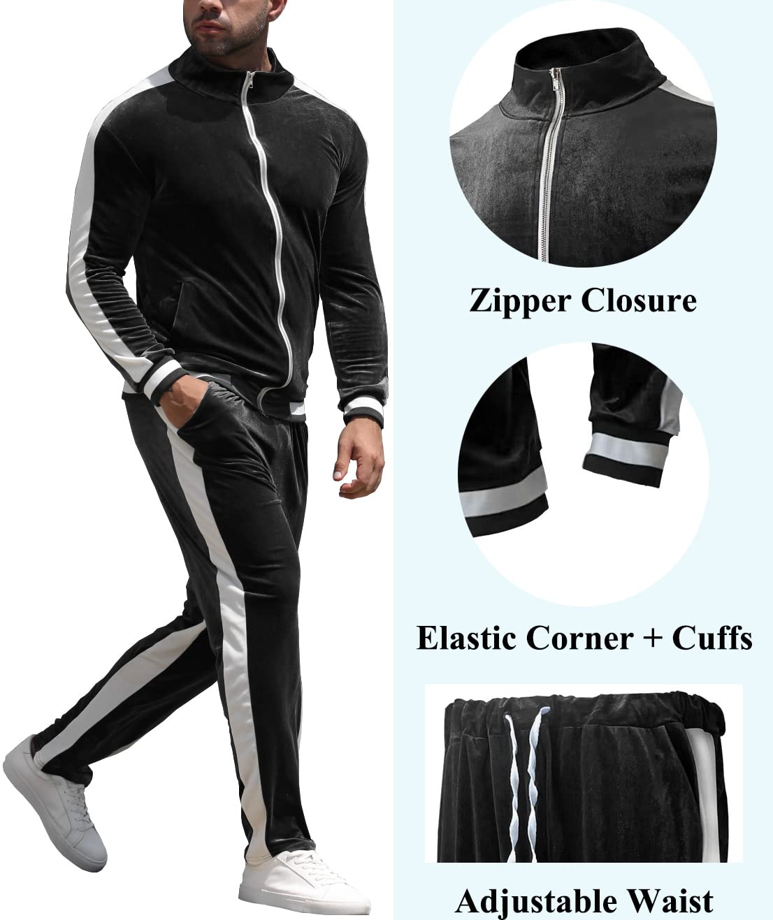 YAOGRO Velour Tracksuit Sweatsuit Set:Men's Jogging Suits Full Zip Casual Jackets Pants 2 piece Outfit Athletic Workout Black