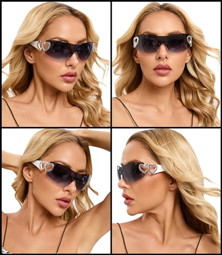 Pro Acme Y2K Rimless Sunglasses Womens Wrap Around Star 2000s Trendy Visor Shield Shades Oversized Fashion Frameless Glasses UV400(White/Gradient Silver)