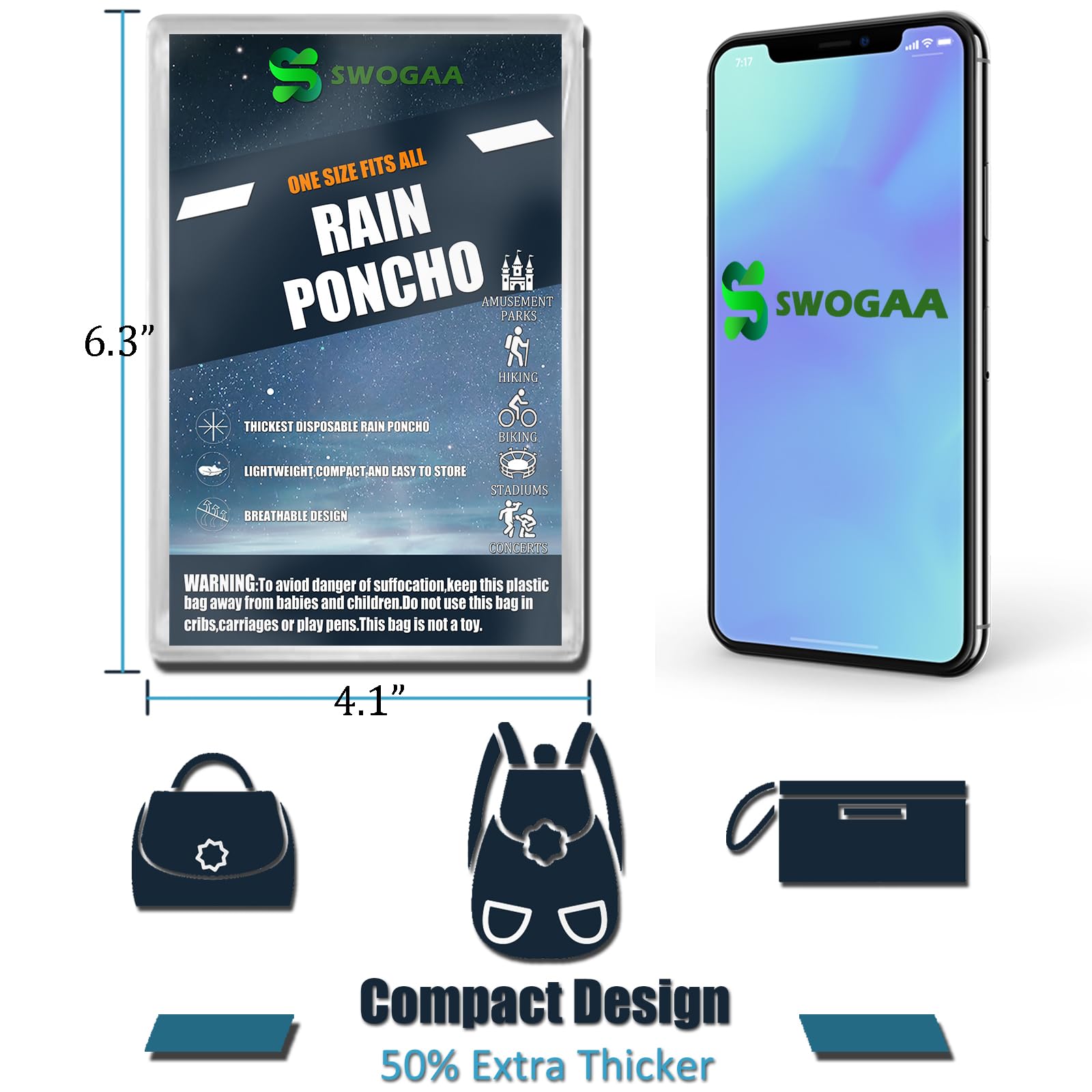 SWOGAA Disposable Rain Ponchos for Adults (6 Pack) - 50% Extra Thicker Men or Women Emergency Ponchos with Hood