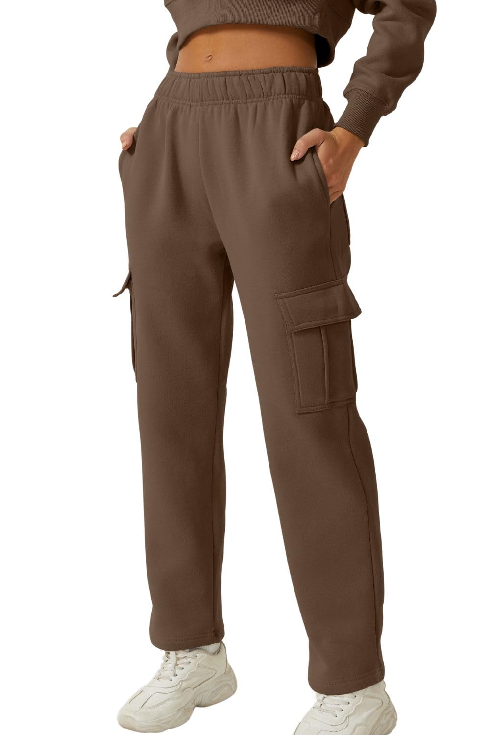 QINSEN Medium Waist Sweatpants for Women Baggy Fit Casual Long Pocket Cargo Pants Brown S