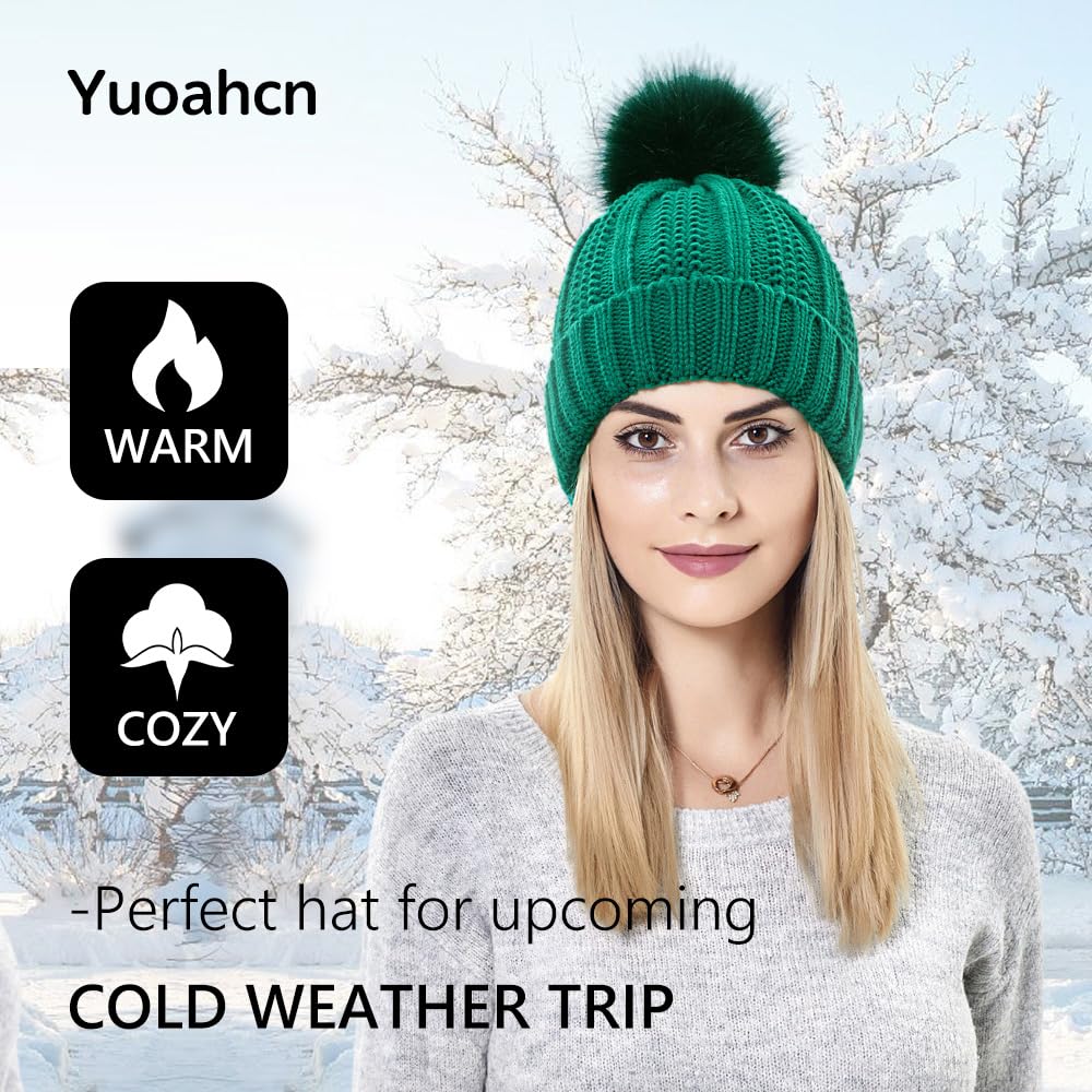 Yuoahcn Women Winter Beanie Hat Satin Lined Winter Hat with Pompom Thick Cuffed Warm Snow Knit Skull Cap (Green)