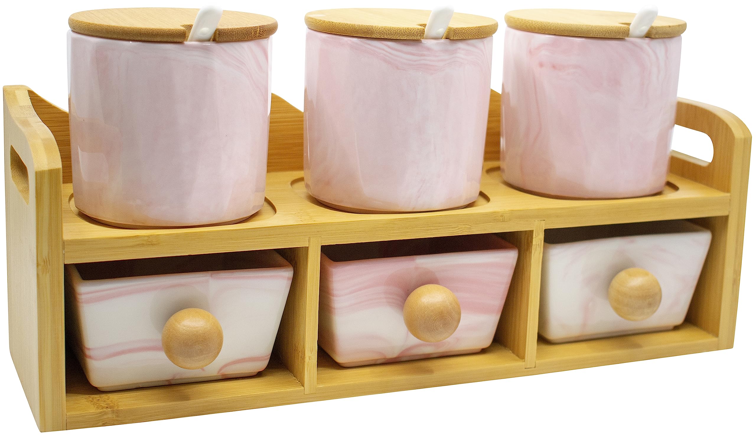 Stephanie Imports Set of 6 Tiered Marble Ceramic Condiment Spice Jars & Drawers With Spoons, Bamboo Lids and Rack (Pink)