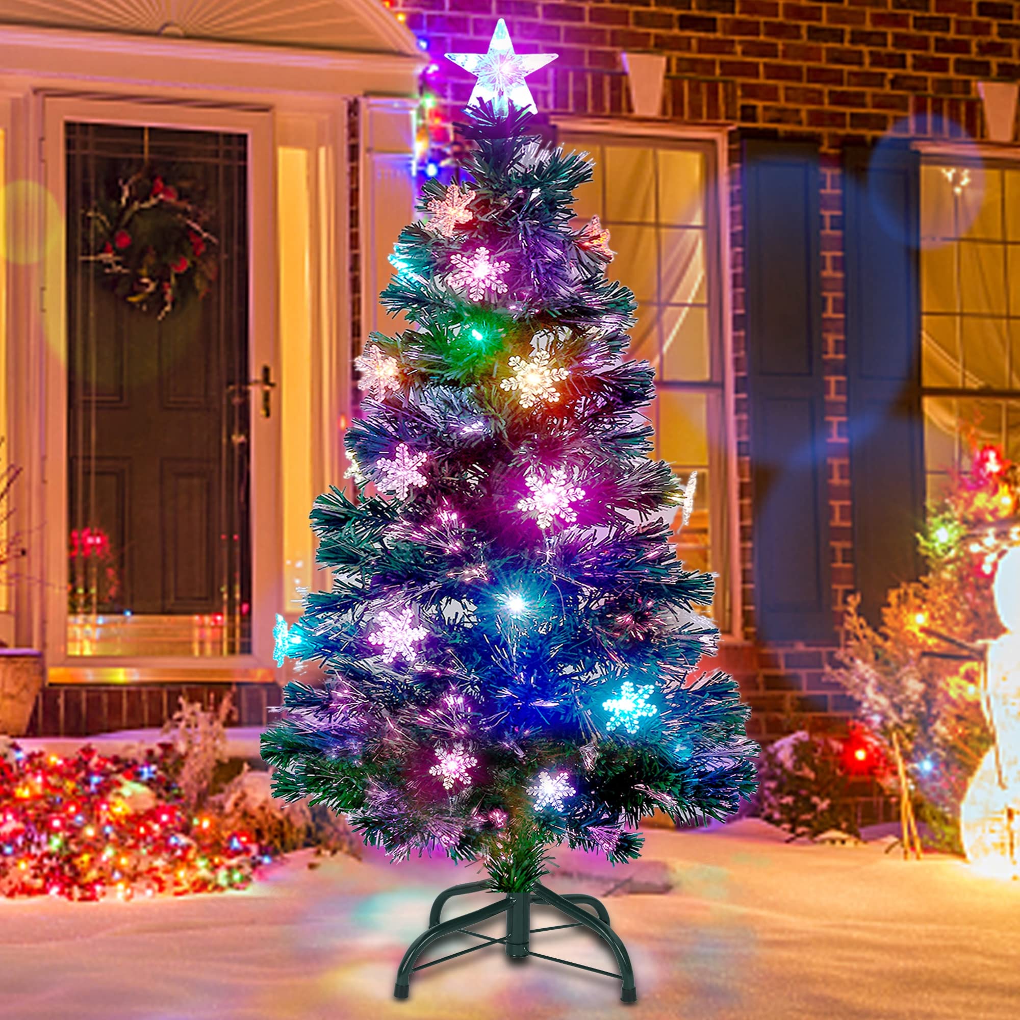 Prsildan 5 FT Artificial Christmas Tree, Pre-Lit Optical Fiber Xmas Trees with Multicolor LED Lights, Snowflakes & Top Star, Lighted Christmas Tree Holiday Home Decor