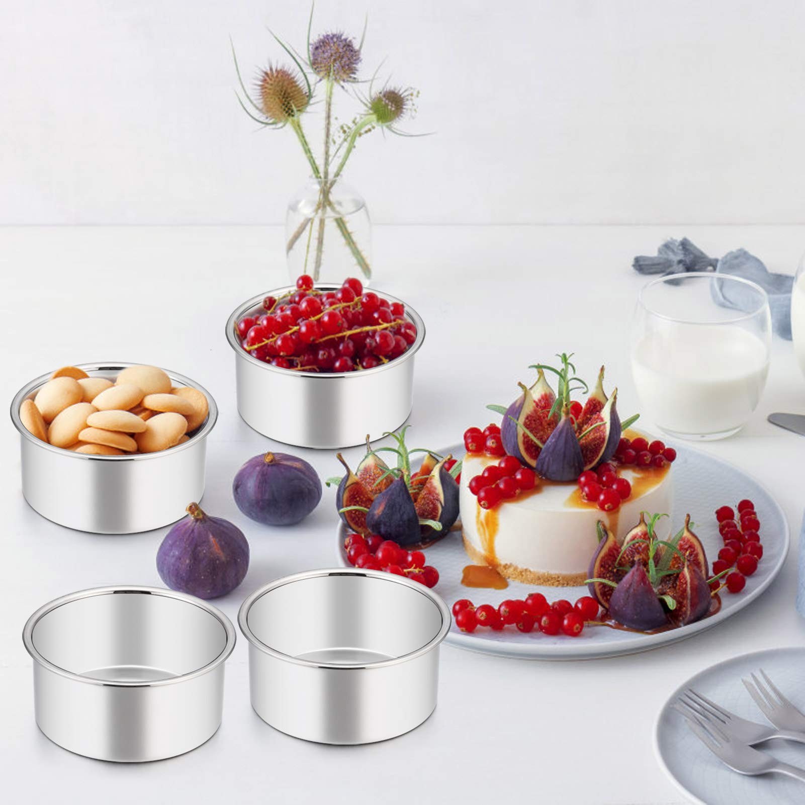 TeamFar 4 Inch Cake Pan, 4 Pcs Mini Cake Pan Round Tier Baking Cake Pans Set Stainless Steel, For Baking Steaming Serving, Healthy & Sturdy, Mirror Finish & Dishwasher Safe