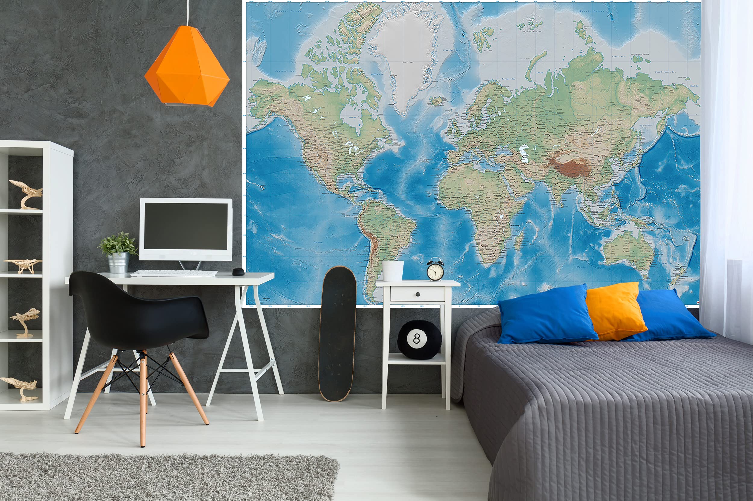 Photo Wallpaper β Modern World Map β Picture Decoration Miller Projection Plastically Relief Design Earth Atlas Globe Continents Image Decor Wall Mural (82.7x55.1in - 210x140cm)