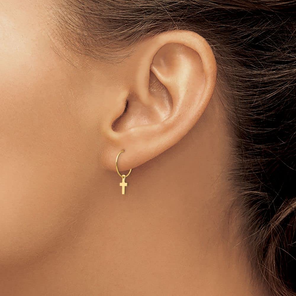 Solid 14k Yellow Gold Endless Hoop Small Cross Earrings 18mm