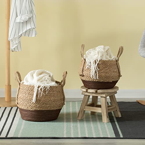 Straw Decorative Round Storage Basket Set of 2 with Woven Handles for the Playroom, Bedroom, and Living Room