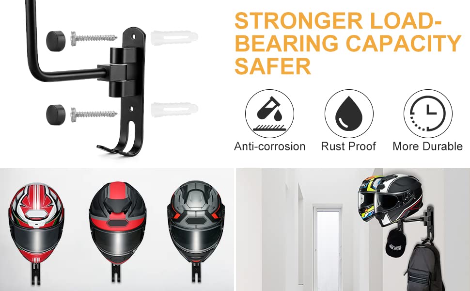 PAHTTO Motorcycle Helmet Holder, Helmet Rack Wall Mount 180 Degree Rotation Helmet Hanger with Double Hook for Coats, Caps, Hats, Motorcycle Accessories