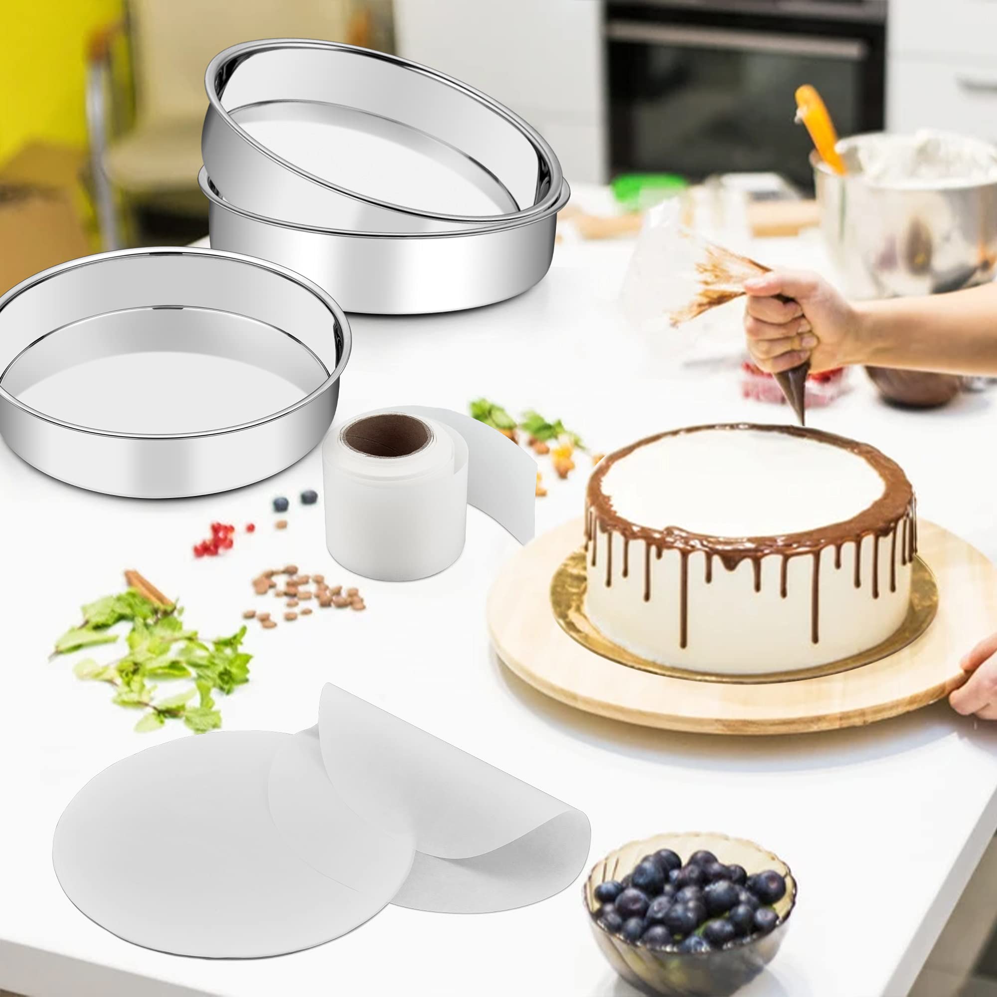 TeamFar 8 Inch Cake Pan Set of 3, Round Cake Pan Stainless Steel Round Baking Pan with 90 Pcs Round Parchment Papers & Parchment Paper Side Liner Roll(1.85 Inch ร 111.5Ft), Healthy & Dishwasher Safe