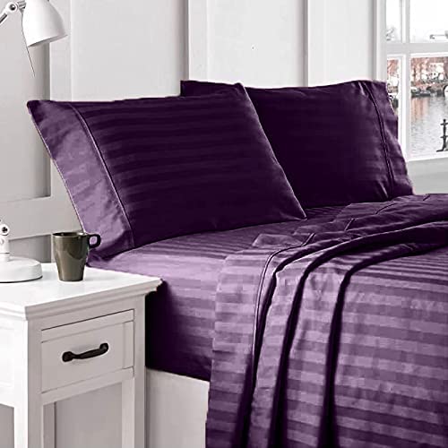VKRISH 400 Thread Count Queen Size Cotton Sheet Set 4 Piece Damask Striped Sheets 100% Cotton Cooling Plum Bed Sheets Luxury Sateen Weave Hotel Quality, 16" Deep Pocket, Oeko-Tex Certified