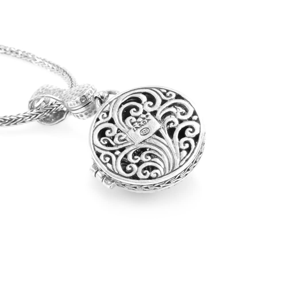 SARDA - .925 Sterling Silver 2" x 1" Frangipani Flower Hammered Chain Link Jawan Round Domed Locket Enhancer Pendant - Handmade by Bali Artisans