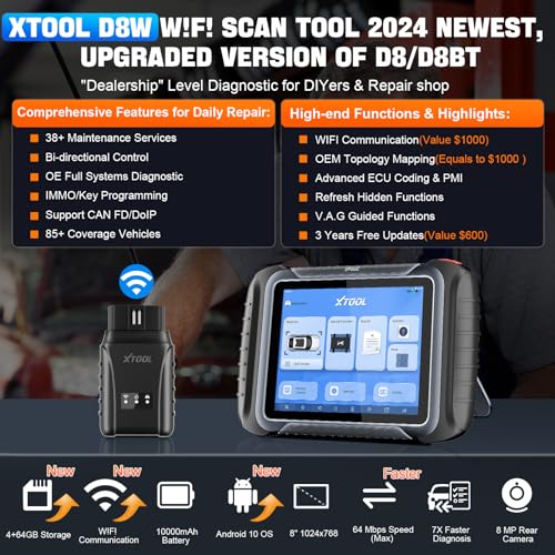 XTOOL D8W Wireless Bidirectional Scan Tool, Topology OBD2 Scanner with 3-Year Updates, ECU Coding, PMI, 38+ Resets, Crankshaft Relearn, CAN FD/DoIP, Full Diagnostic Scanner for Car