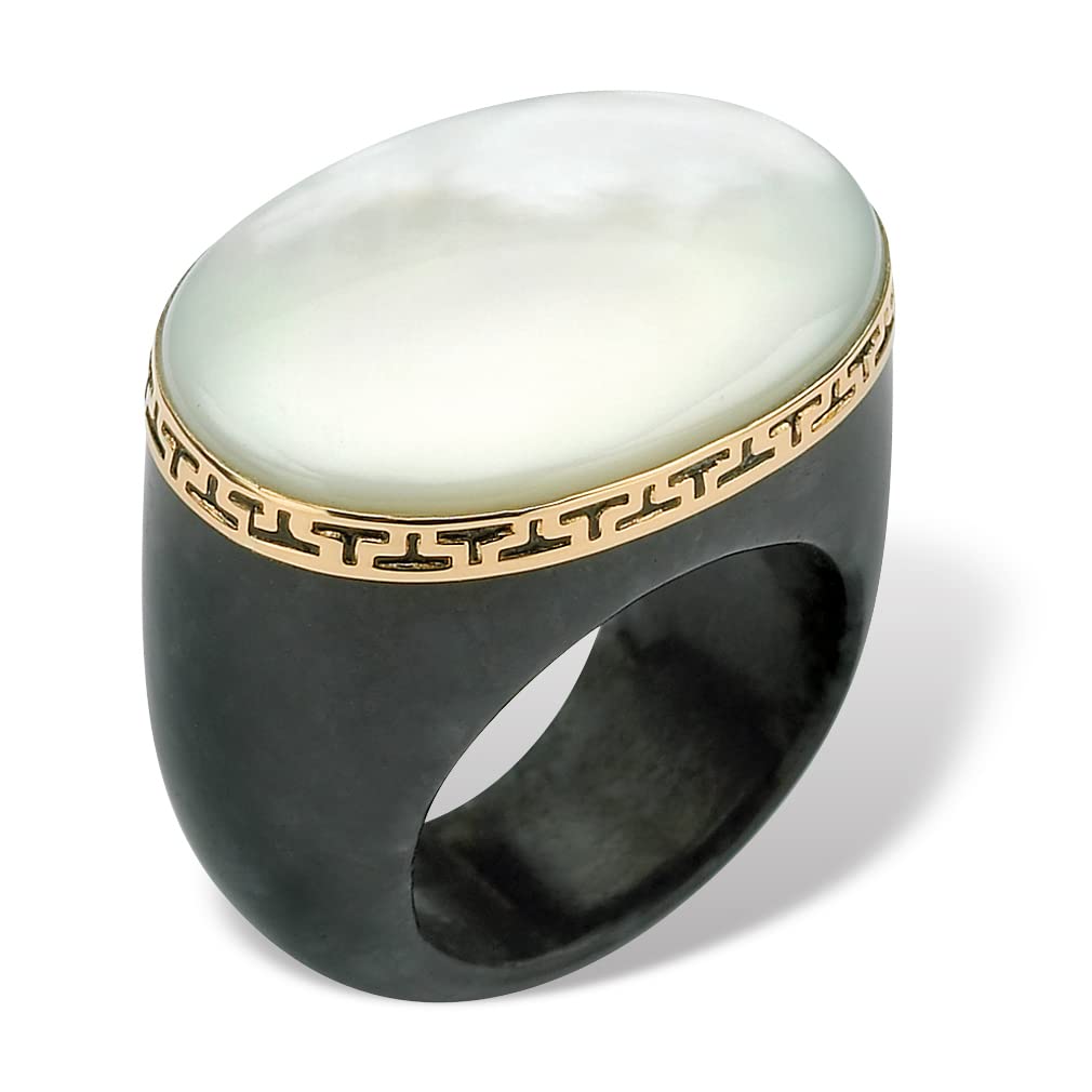 PalmBeach 14K Yellow Gold Oval Shaped Genuine Mother of Pearl and Genuine Charcoal Jade "Greek Key" Ring Sizes 6-10 Size 7