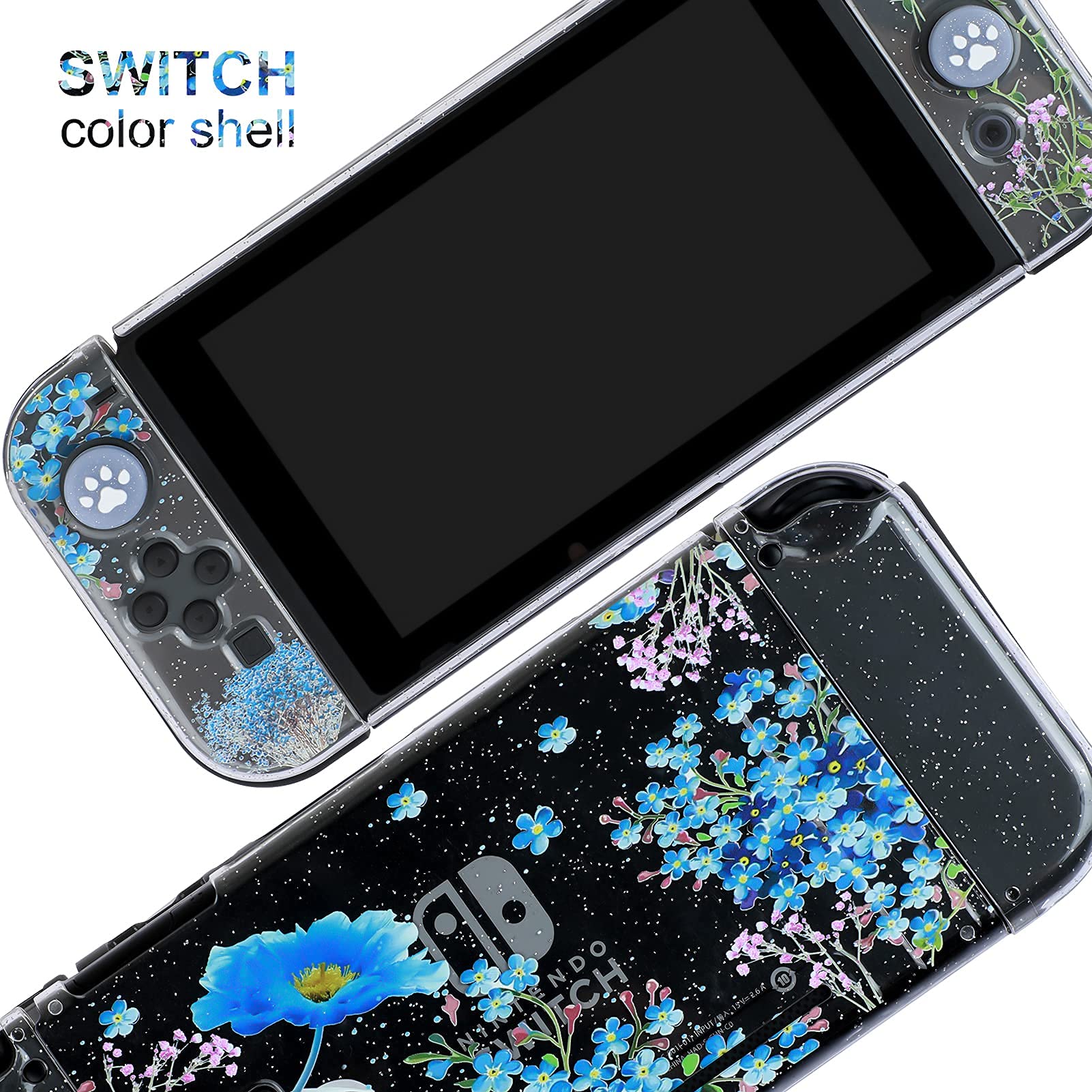 ThreeShip Kawvisy Dockable Crystal Case for Switch, Glitter Switch Cover with 4 Cute Cat Claw Thumb Grips and Screen Protector, Sparkle Switch Case(Blue Flower)