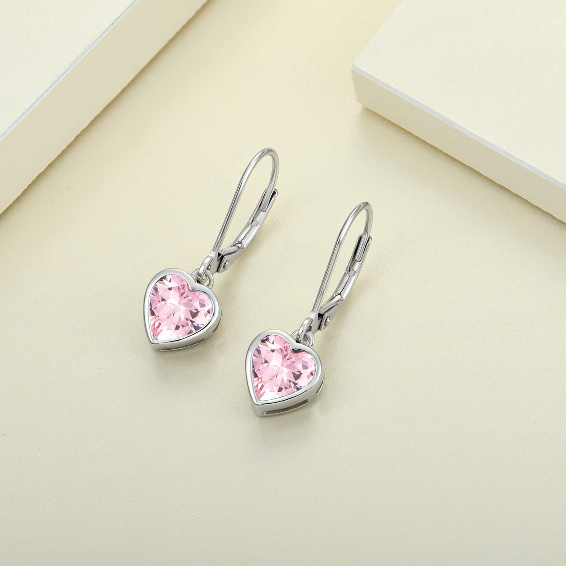 YL Women's Solitaire Dangle Drop Earrings Sterling Silver Heart Leverback Earrings Created Pink Tourmaline Jewelry Gifts