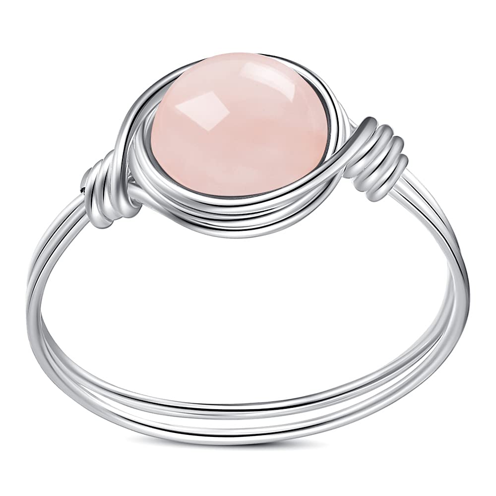 YWDREAM Crystal Rings for Women Spiritual, Healing Crystal Rings Wire Wrapped Ring, Carnelian Rose Quartz Amethyst Tiger Eyes Opalite Amazonite Gemstone Ring (Rose Quartz-Silver, 9)