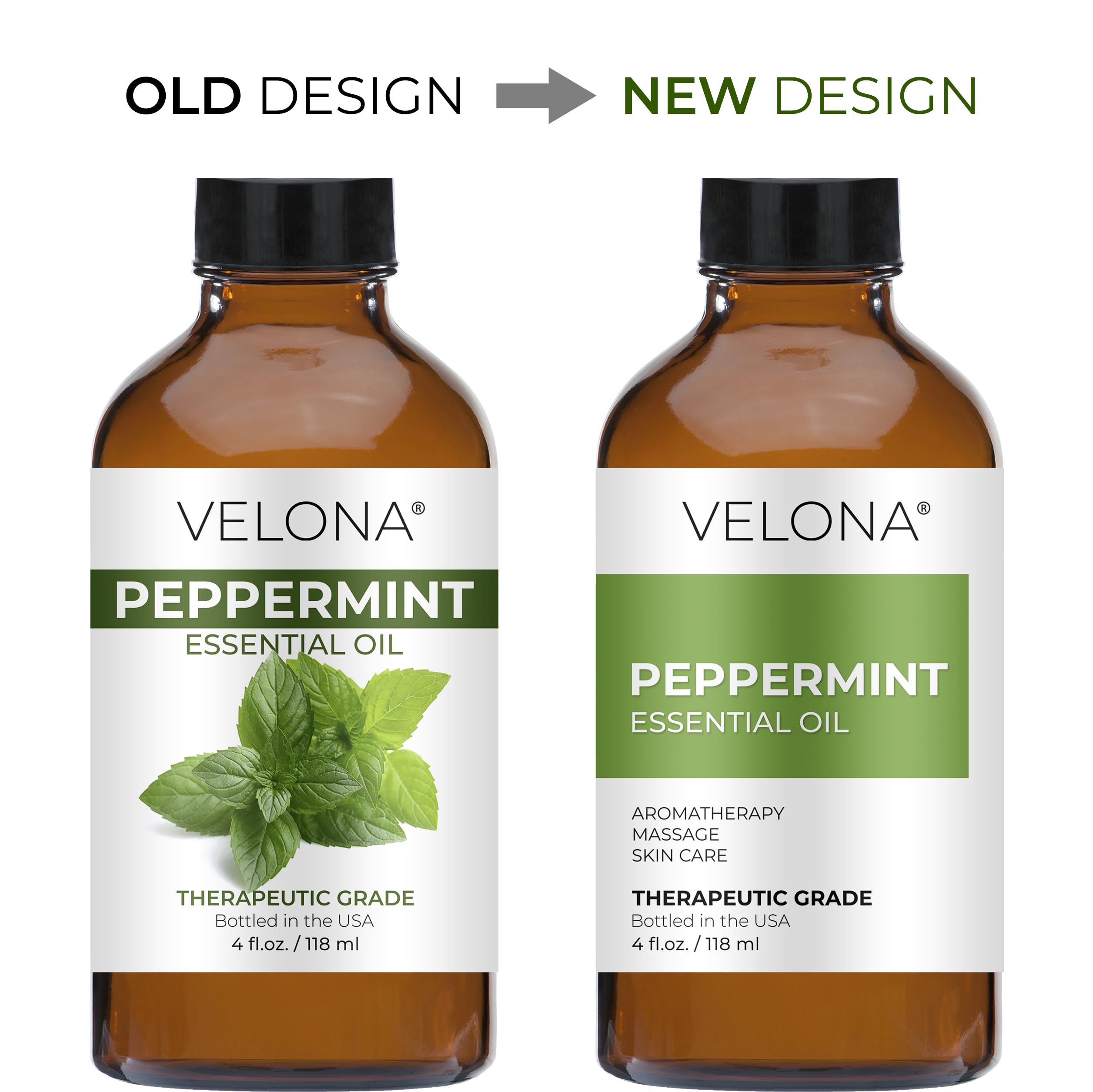 Peppermint Essential Oil by Velona - 4 oz | Therapeutic Grade 100% Pure and Natural | for Aromatherapy Diffuser, Massage, Skincare, Haircare, Soapmaking | Undiluted and Multipurpose in Glass Bottle