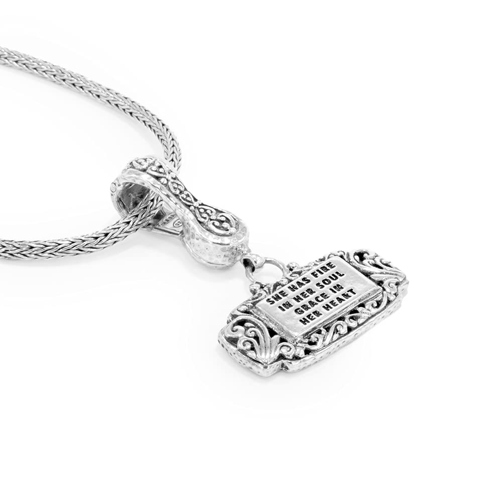 SARDA .925 Sterling Silver 1-5/8" x 1-1/8" "She Has Fire in Her Soul Grace in Her Heart" Filigree Rectangle Enhancer Pendant - Handmade by Bali Artisans