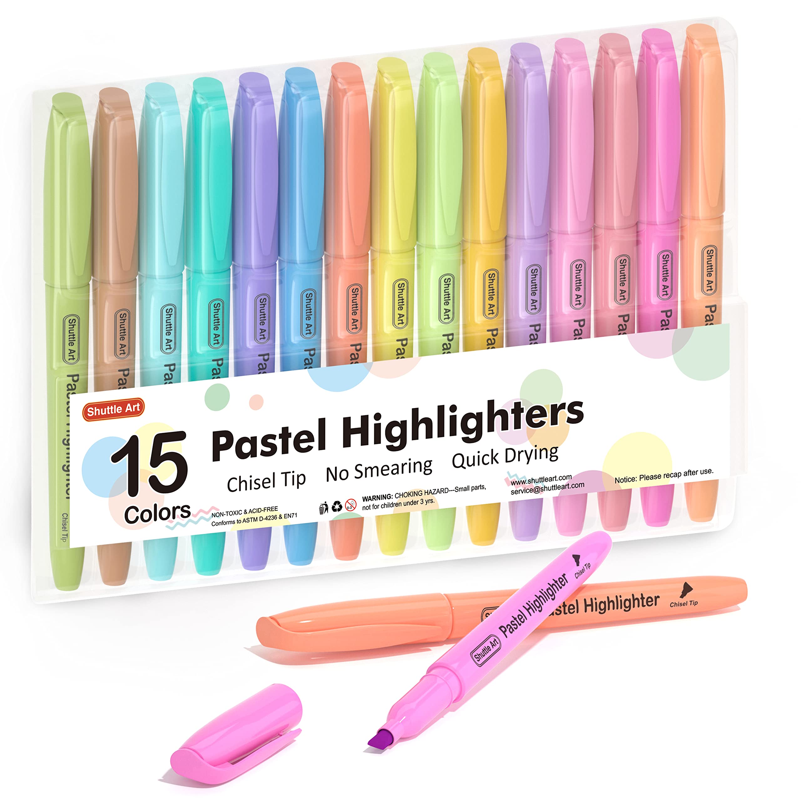 Shuttle Art Highlighters, 15 Colors Pastel Highlighter Pens Assorted Colors, Chisel Tip Dry-Quickly Non-Toxic Highlighter Markers for Adults Kids Highlighting in the Home School Office