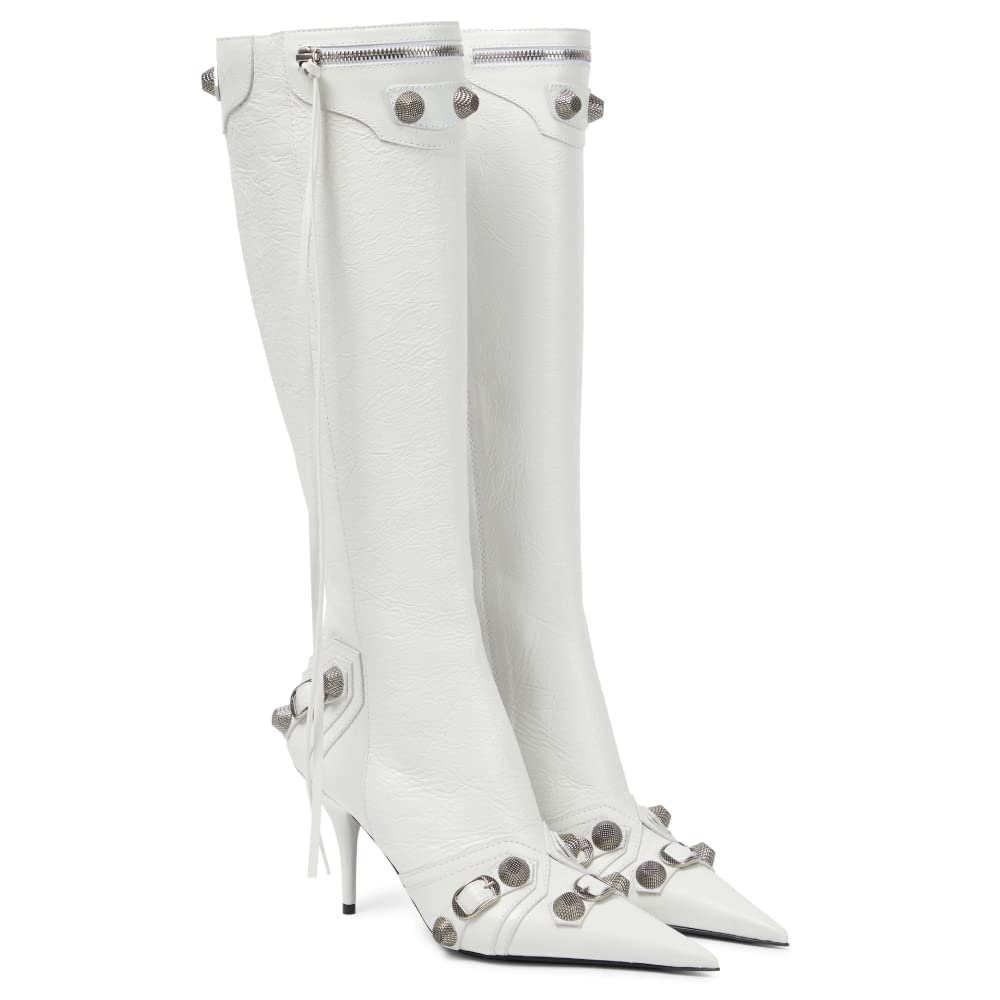 Vertundy Women's Knee High Boots - Pointed Toe Stiletto Heel Zipper Long Boot Rivet Slim Tassel Dress Boot for Lady Sexy