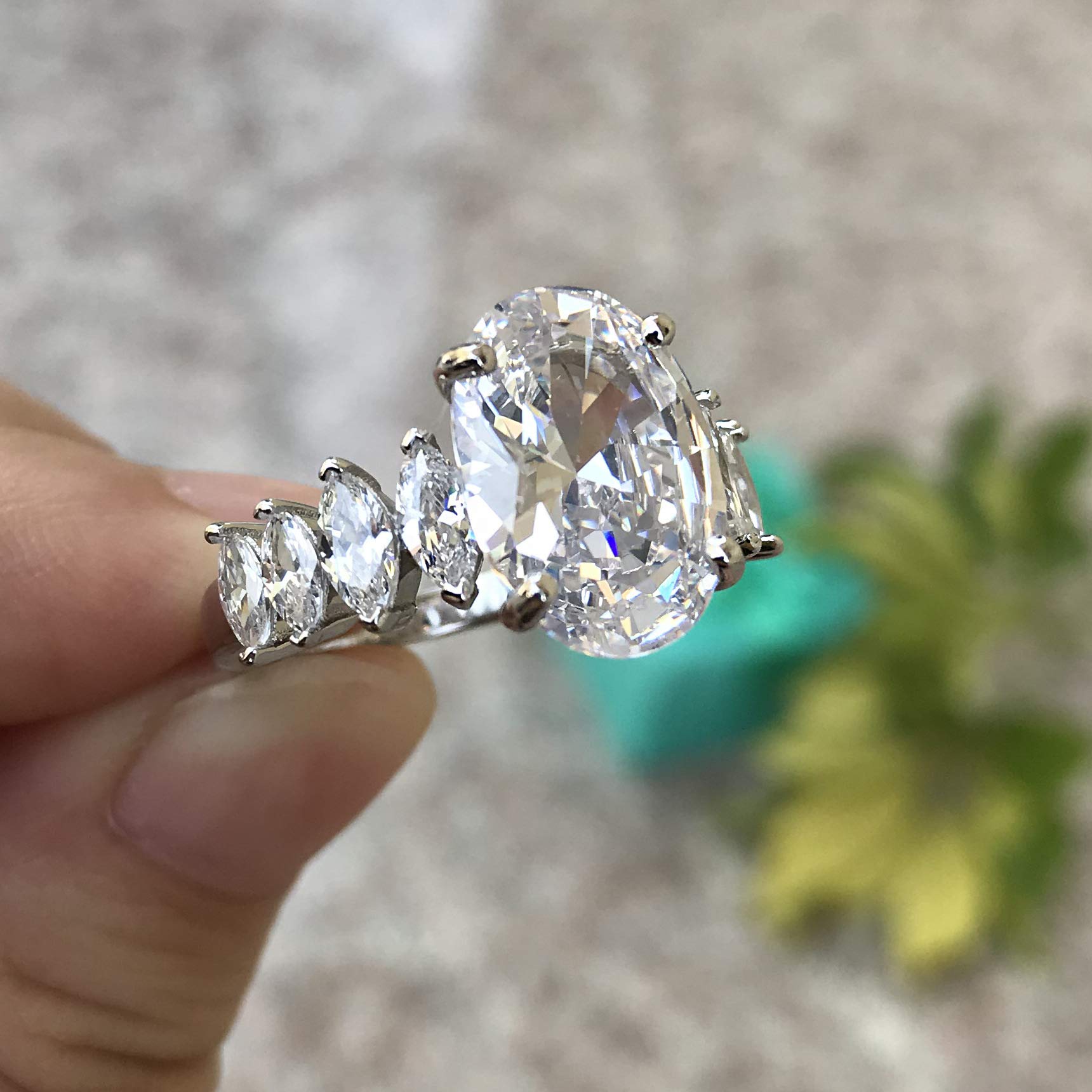 WANGYUSHENG Plated Silver Marquise Cut & Oval Cut Cubic Zirconia CZ Statement Halo Art Deco Cluster Wedding Engagement Ring 6.8 carats (US size 8)