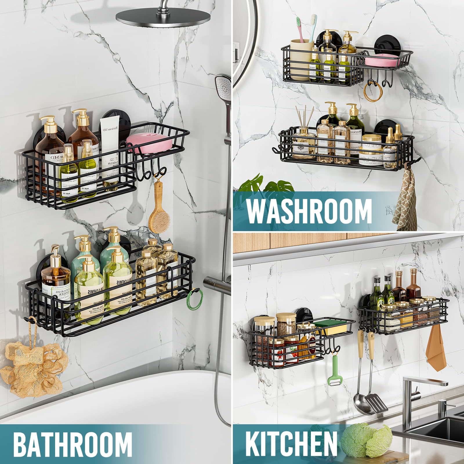 TAILI Shower Caddy Suction Cup 2 Pack with Hooks & Soap Holder, Heavy Duty Bathroom Shower Organizer, No Drilling Shower Shelves for Inside Shower, Stainless Steel Black Shower Holder Organizer