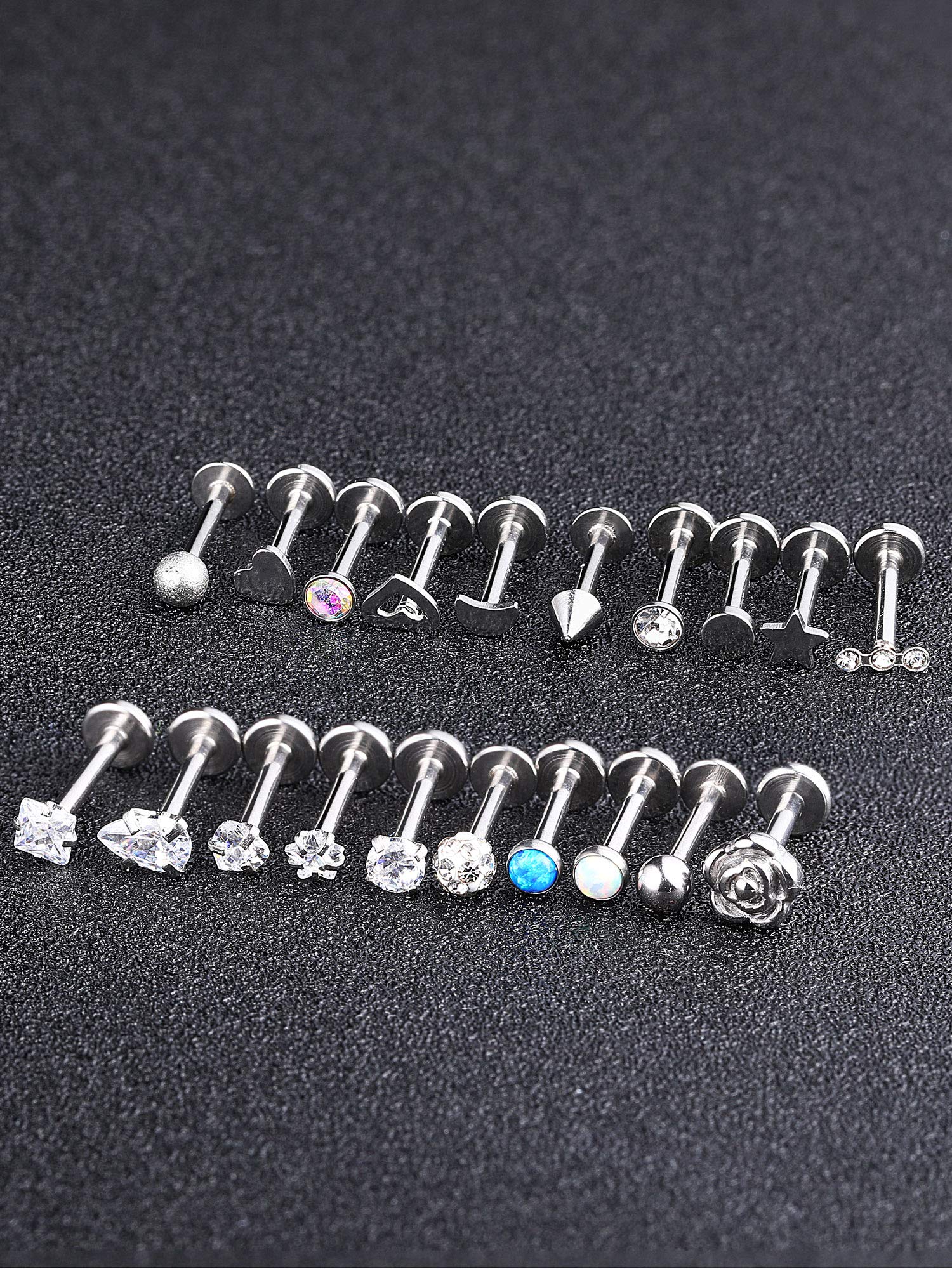 Sumind 20 Pieces 16g Tragus Piercing Jewelry Body Nose Piercing Labret Bars Crystal Style Ball for Women Men,20 Styles(Silver, AB Color, 8 mm)