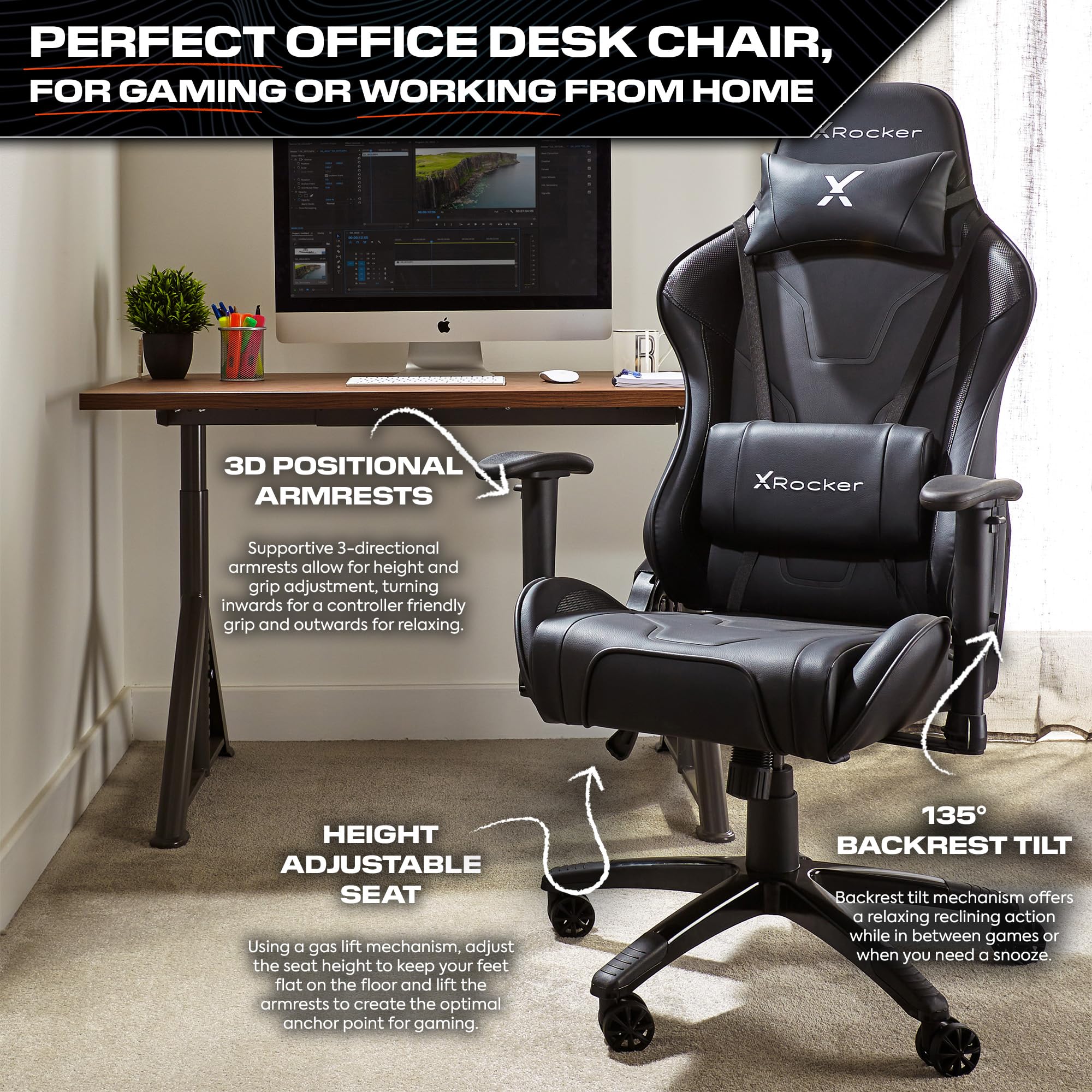 X-Rocker Agility Sport Esport Gaming Chair with Comfort Adjustability - Carbon Black