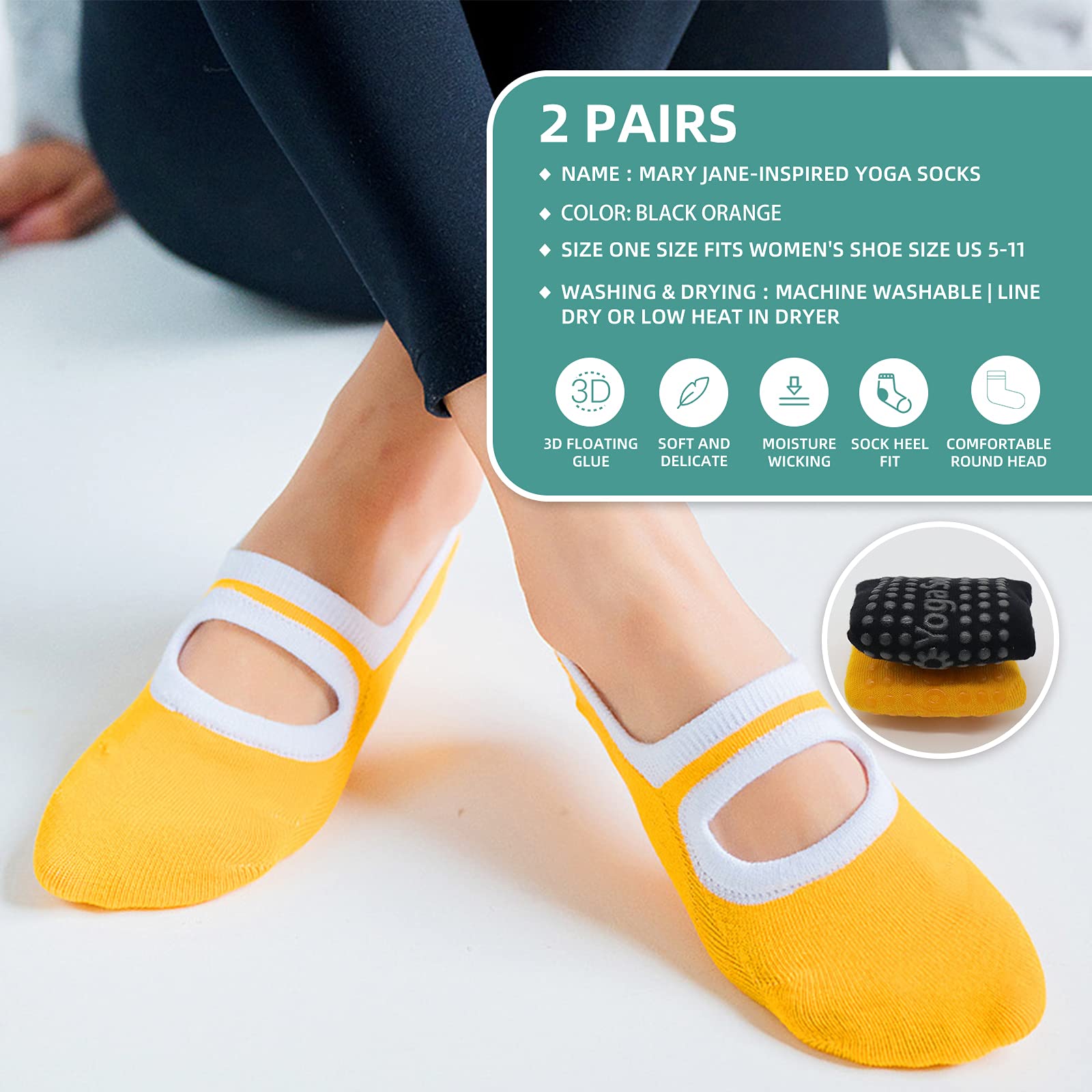THUMBERLY Yoga Socks Non-Slip with Grips, 2 Pack Pilates Socks for Barre, for Barre, Ballet, Barefoot Workout, Dance Balance Stability Wide Feet Design fits US 5-11 (Black+Orange)