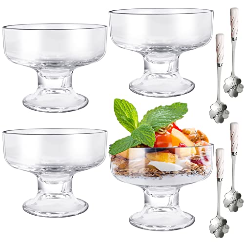 Worldity Glass Dessert Bowls Set of 4, 6.42oz Ice Cream Bowls with Spoons, Crystal Dessert Cups, Lead-free Ice Cream Bowls for Appetizers Ice Cream Cocktail Pudding Fruit Sauce
