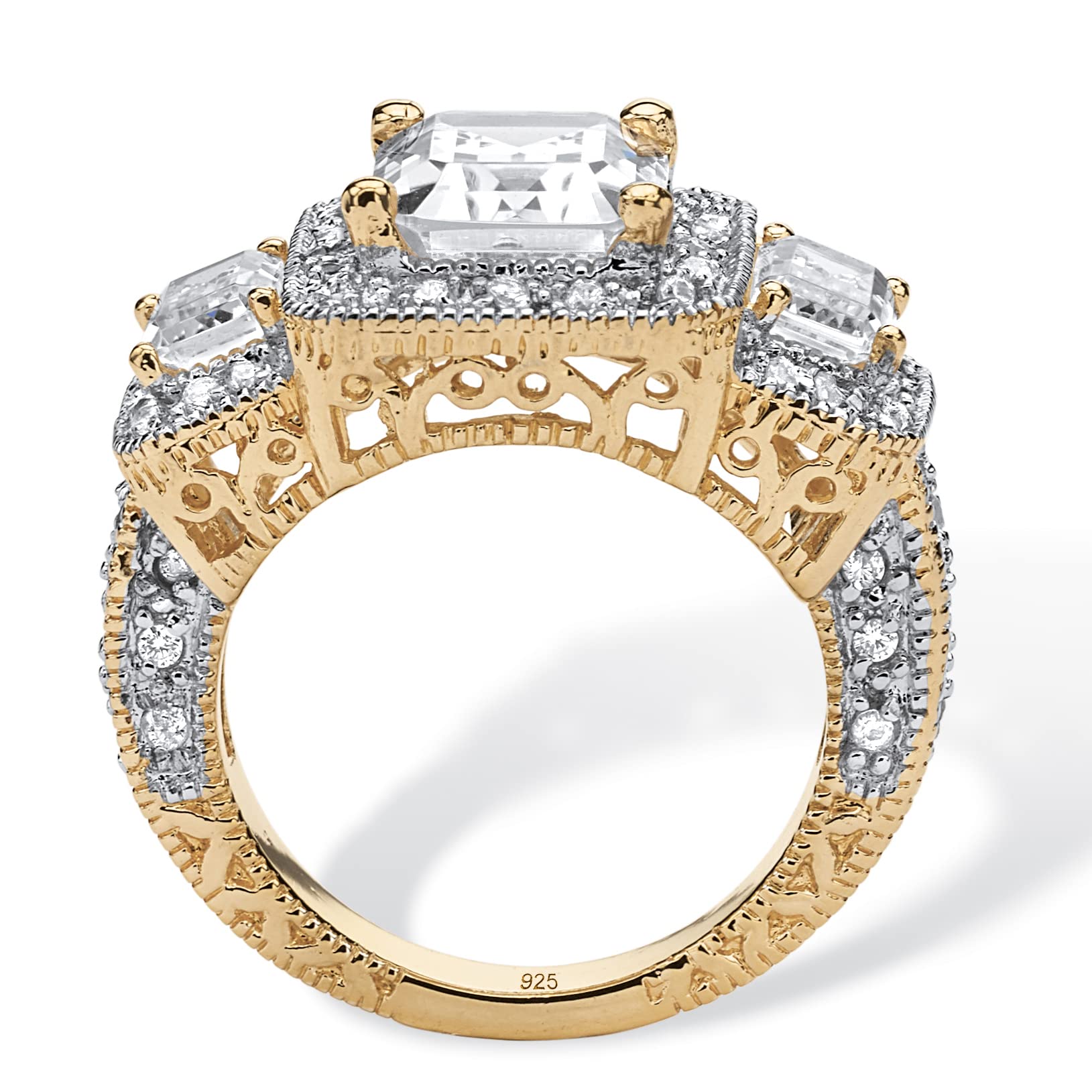 PalmBeach Jewelry Yellow Gold-plated Sterling Silver Emerald Cut Cubic Zirconia 3-Stone Bridal Ring Sizes 6-10 Size 9
