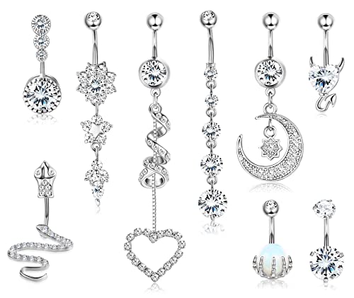 THUNARAZ 14G Belly Button Rings Dangle Cute Navel Ring Snake Heart Skull Hand with Opal Clear CZ Belly Button Rings for Women Belly Piercing Pack