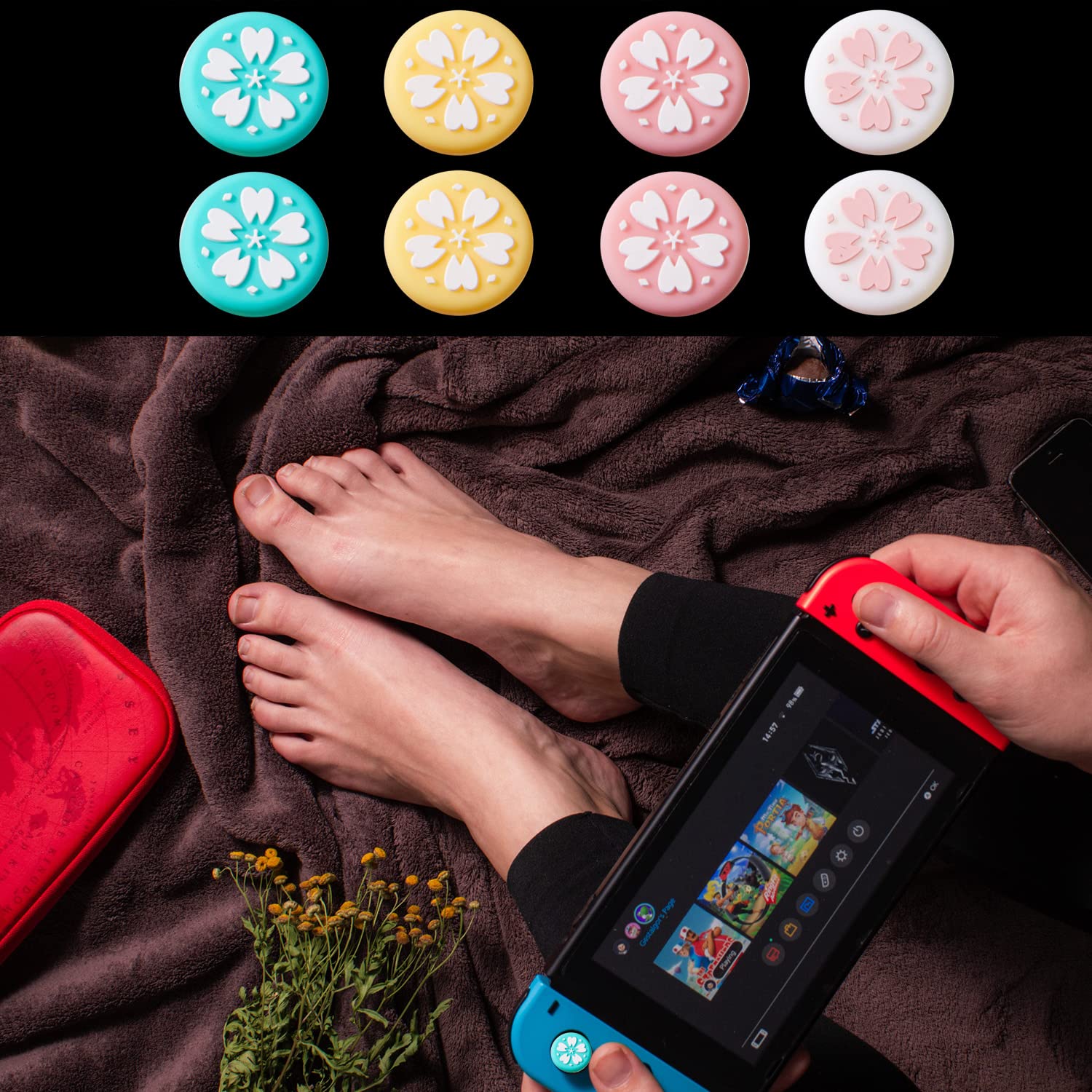 Sumind 8 Pieces Sakura Flower Thumb Grip Caps, Thumb Grips Analog Stick Cover Soft Silicone Button Joystick Cap Compatible with Nintendo Switch, Switch Lite and Joy-Con Controller