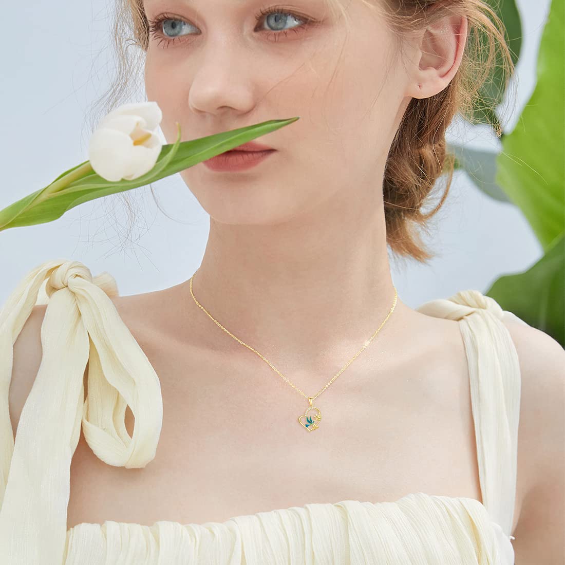 YDD 14K Solid Gold Hummingbird Necklaces for Women Gold Hummingbird Heart Pendant Bird Necklace 16''-18"