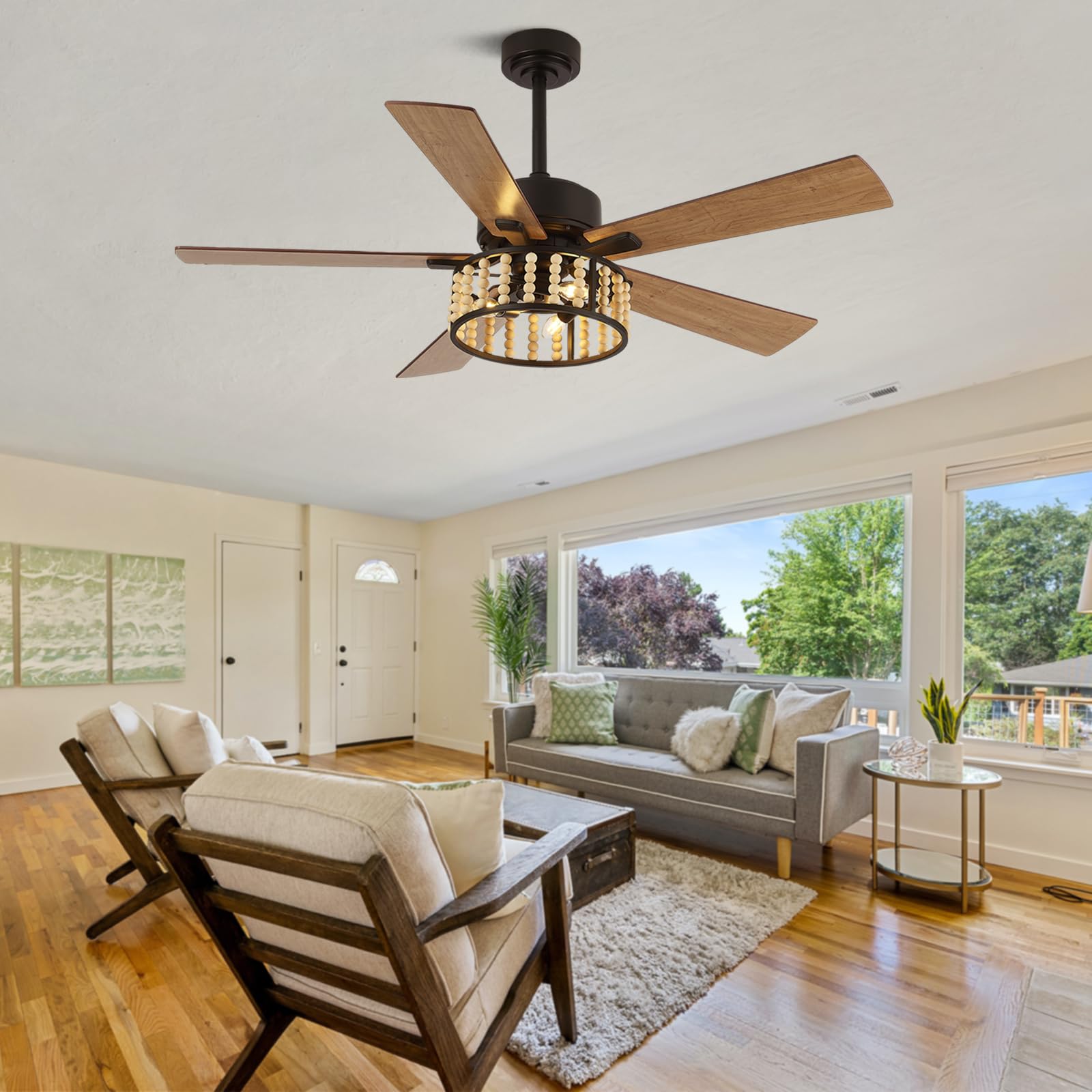 Rustic Ceiling Fan with Light and Remote Control, Industrial Farmhouse Ceiling Fans with 5 Brown Wooden Fan Blades and Retro Unique Wheel Shape,Pull Chains Control for Kitchen/Living Room