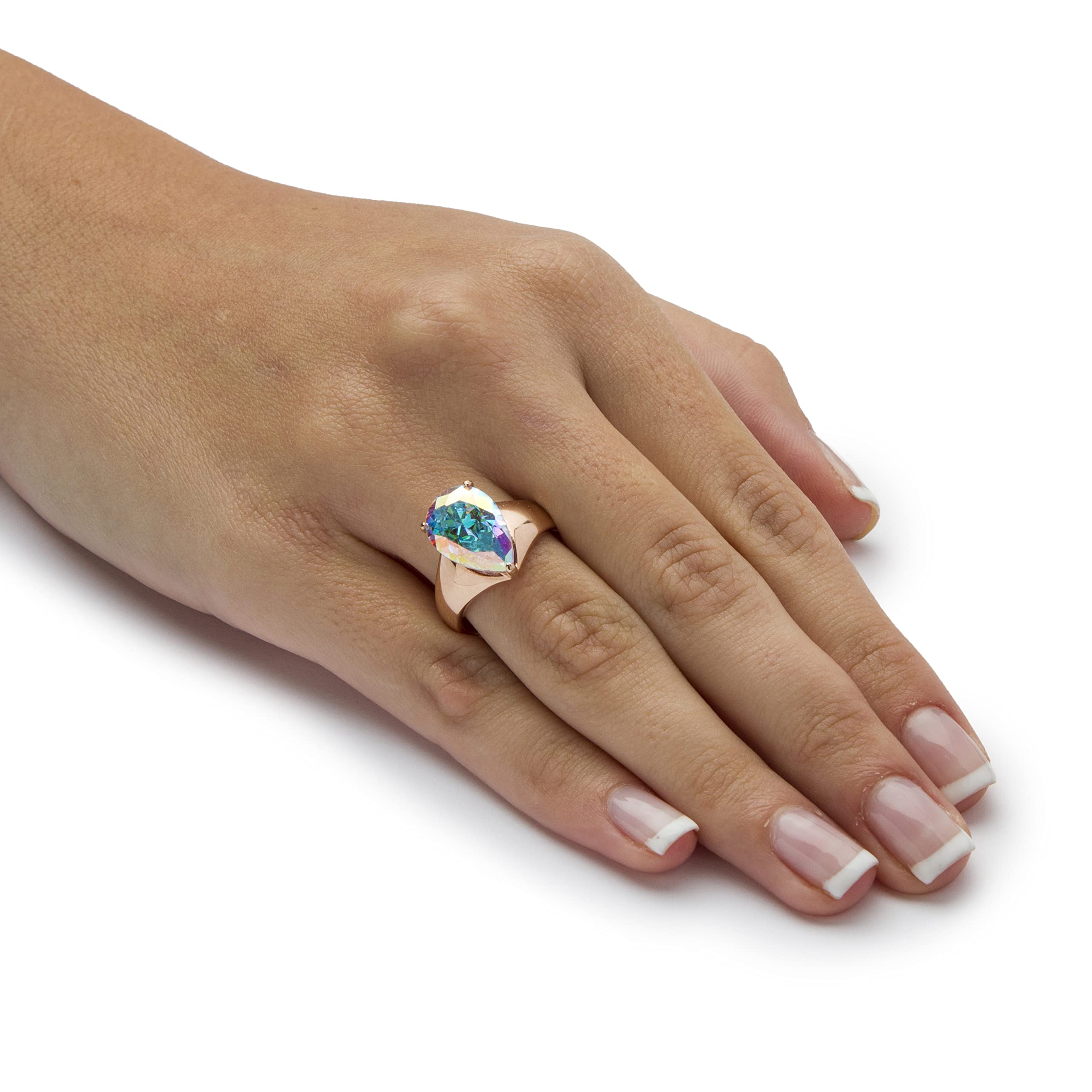 PalmBeach Jewelry Yellow or Rose Gold-Plated Pear Cut Yellow or Aurora Borealis Cubic Zirconia Solitaire Ring Size 6