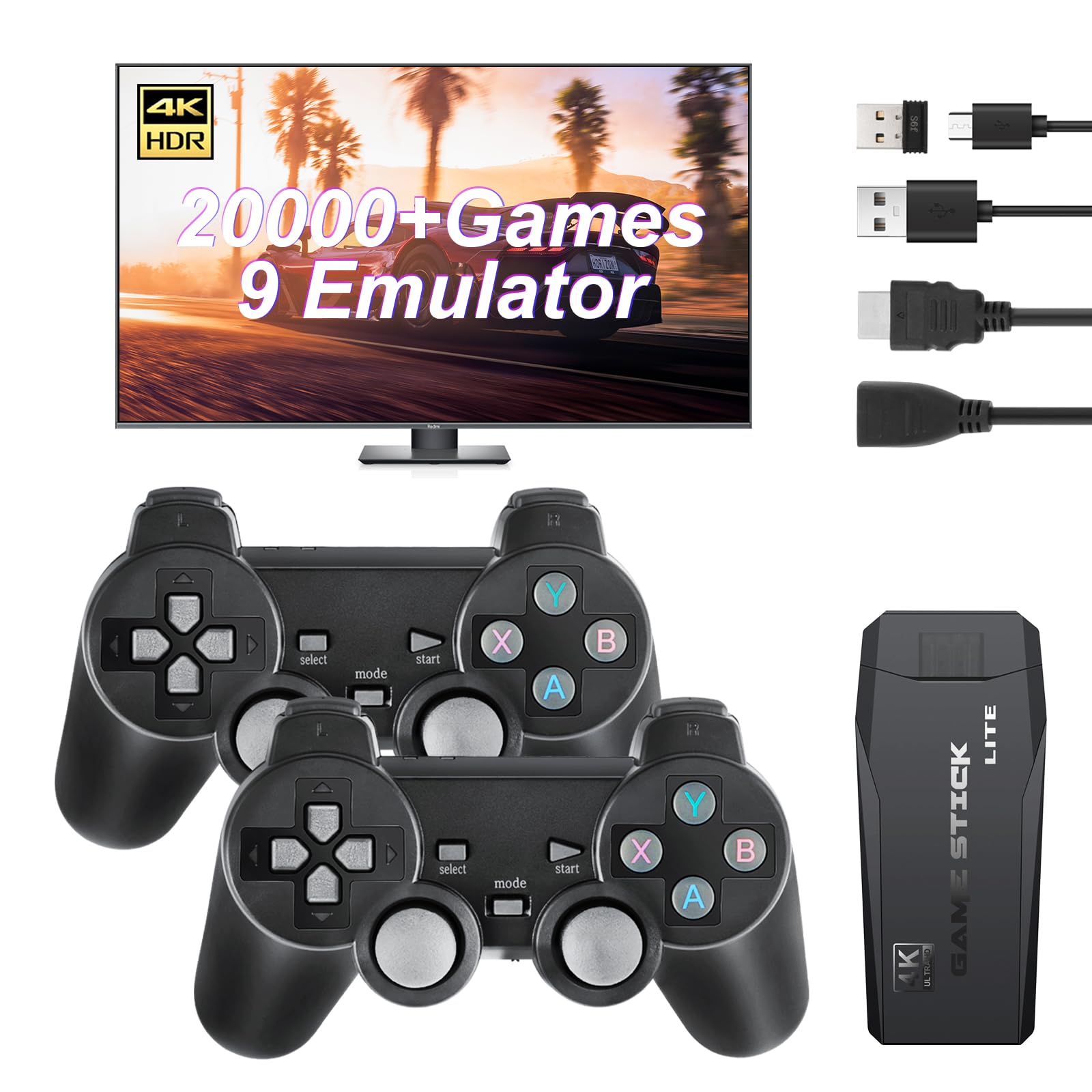 Qonmpcvu Wireless Retro Game Console,Retro Gaming Console,Retro Game Stick,Retro Video Game Console Within 20000+ byte arcade Games, 4K HDMI Output, and 2.4GHz Video Game Controller for TV Plug(64G)