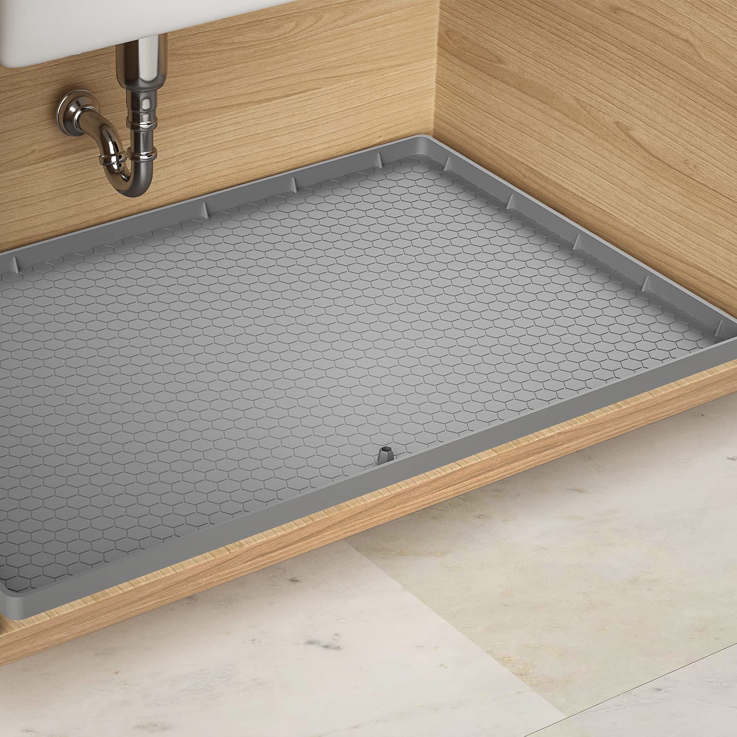 Under Sink Mat - Grey | Waterproof Kitchen Cabinet Tray | 34" x 22" Silicone Under Sink Liner with Push Down Drain | Sink Protector for Kitchen Sink | Kitchen Sink Mats for Leaks and Drips (Push Down)