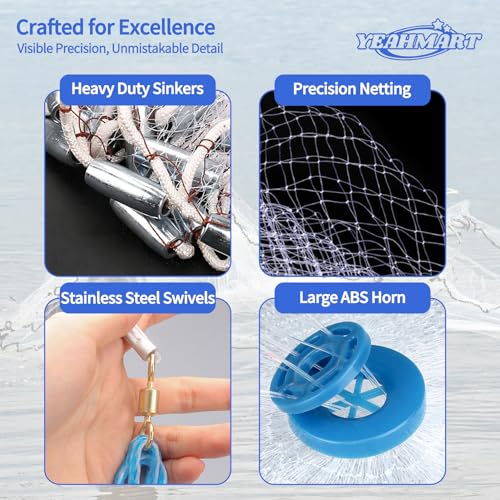 Yeahmart Saltwater American Fishing Cast Net 1/2 Mesh Size for Bait Trap Fish Heavy Duty Throw Net 4Ft Radius Freshwater Casting Nets with an Extra Fishing Cage (Monofilament line)