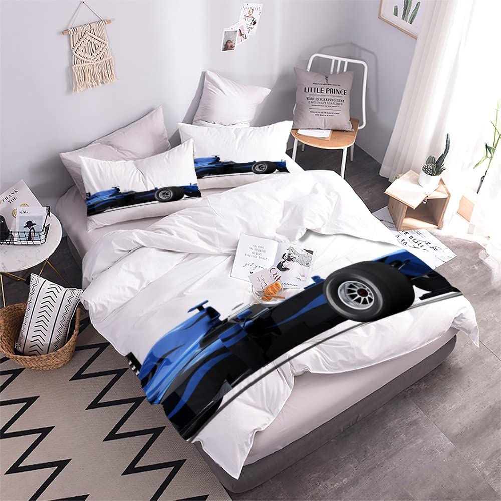 Quilt Cover Twin Size Formula One Car 3D Bedding Sets Blue Racing Car Duvet Cover Breathable Hypoallergenic Stain Wrinkle Resistant Microfiber with Zipper Closure,beding Set with 2 Pillowcase