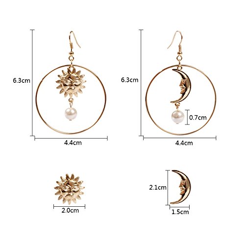 Sun Moon Asymmetric Imitation Pearl Earrings for Women Gold Annulus Pendant Earrings Drop Earrings (Gold)