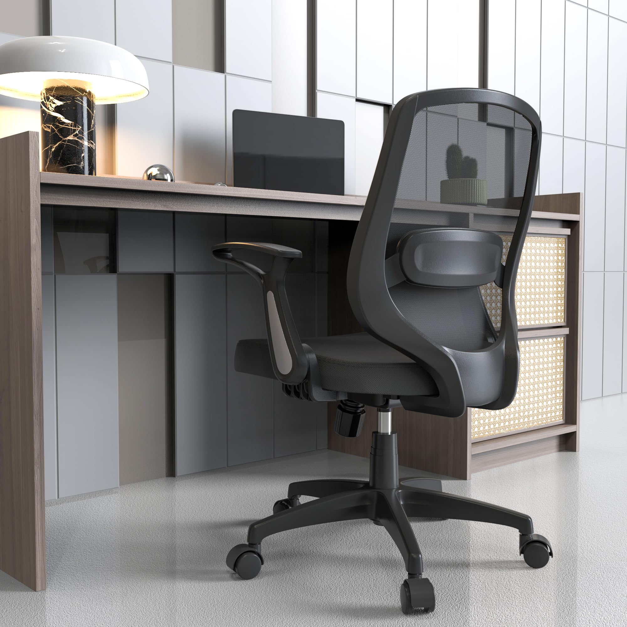 Qoroos Mesh Office Chair Ergonomic Mid Back Swivel Black Mesh Desk Chair Flip Up Arms with Lumbar Support Computer Chair Adjustable Height Task Chairs Grey