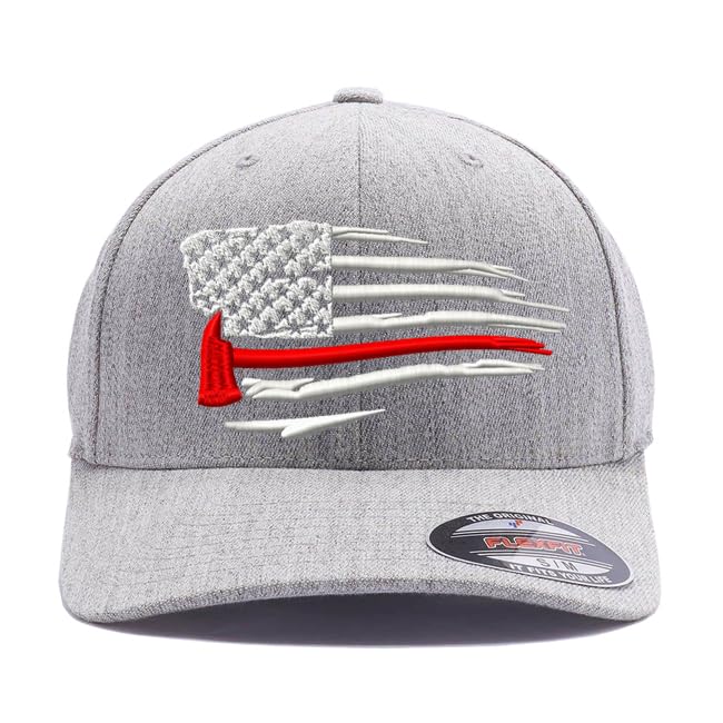 Thin Red Line Fire Department Distressed American Flag hat, Flag with Firefighter Axe Embroidered. 6477 and 6277 Flexfit Hat (L/XL, Heather Grey)