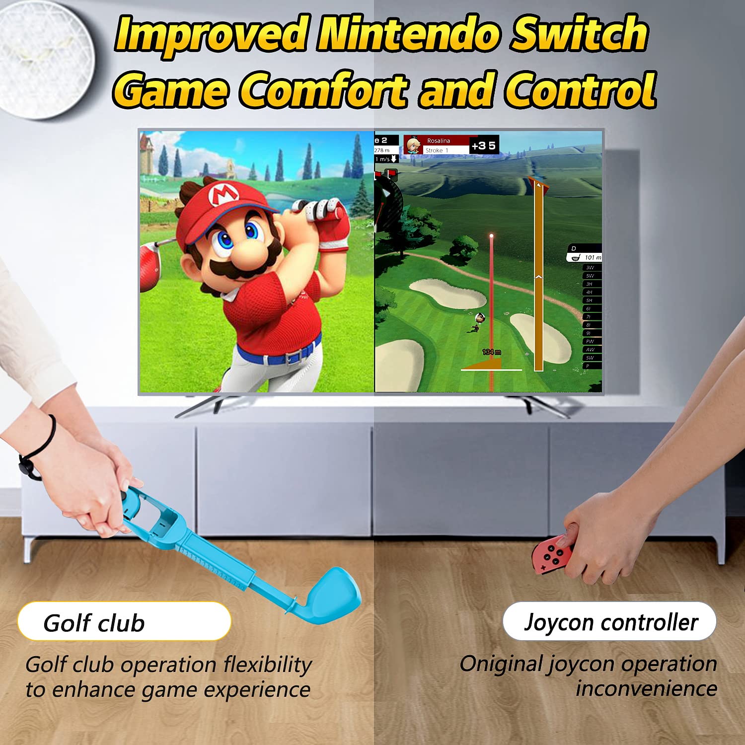Trconk Golf Clubs 2 Pack Compatible with Nintendo Switch Joy-con, Switch Golf Game for Mario Golf Super Rush, Adjustable Controller Handle Grips Accessories with Wrist Strap