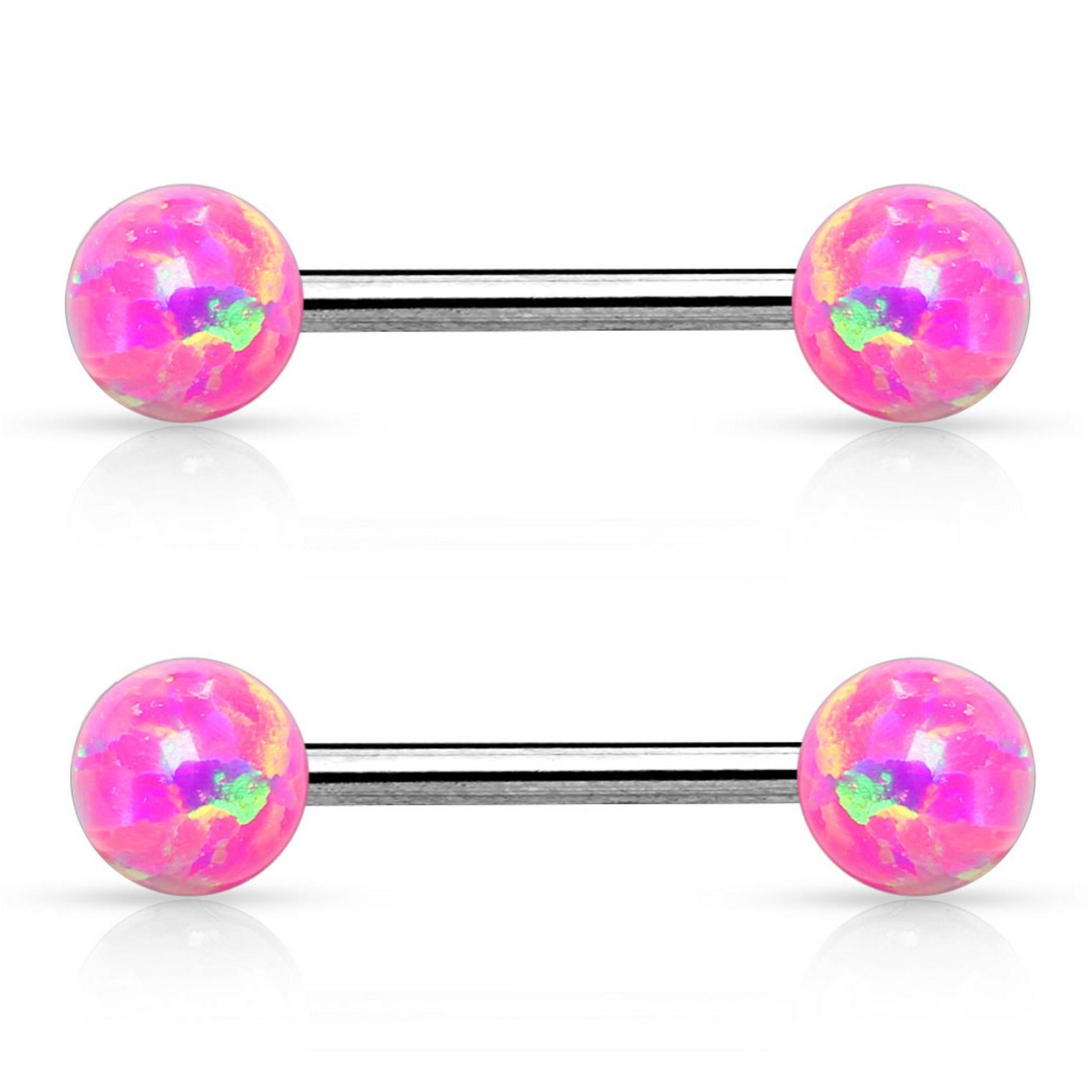 Pair of 5mm Synthetic Opal Ball End Nipple Rings Steel Barbells Internally Threaded - 14 Gauge 9/16" (Pink)